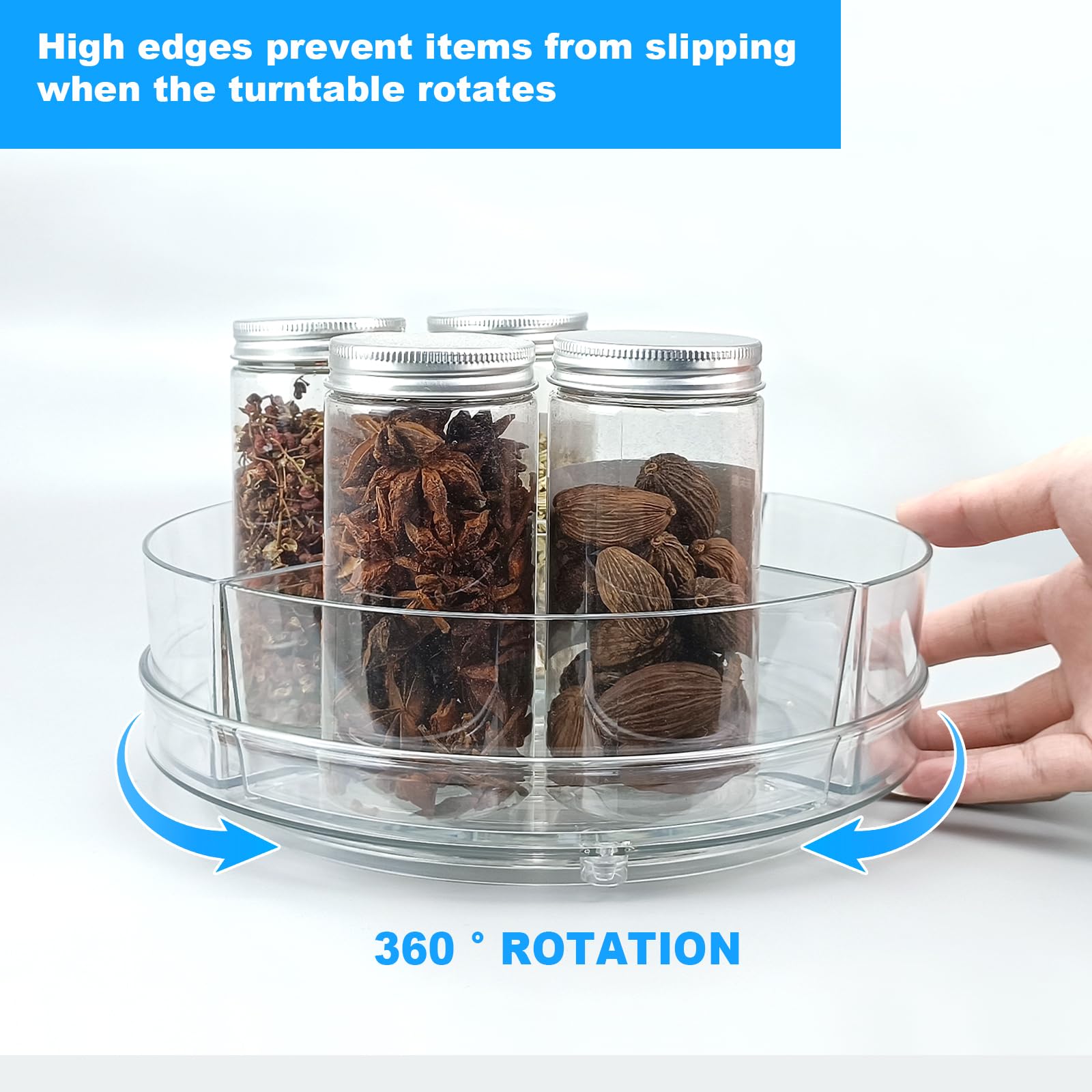 POUYRBA Lazy Susan Organizer with 4 Removable Storage Bins, 9.25Inch Round Plastic Clear Food Storage Container Fruit Snack Spice Can Cosmetics Turntable for Refrigerator Cabinet Pantry Kitchen