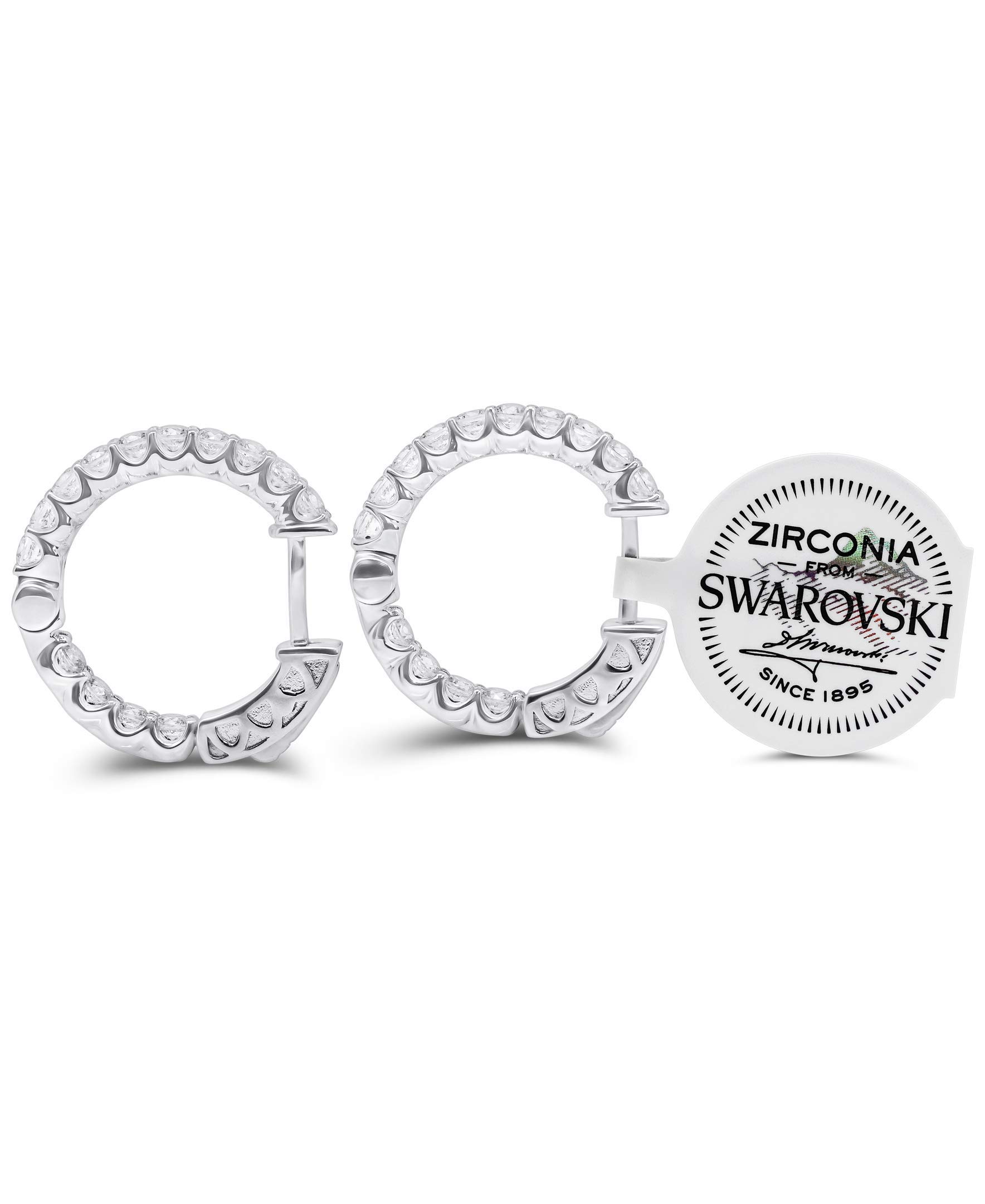 Oro Leoni 925 Sterling Silver CZ Huggie Earrings. Rhodium Plated with Round Cubic Zirconia. 1.5cm Diameter
