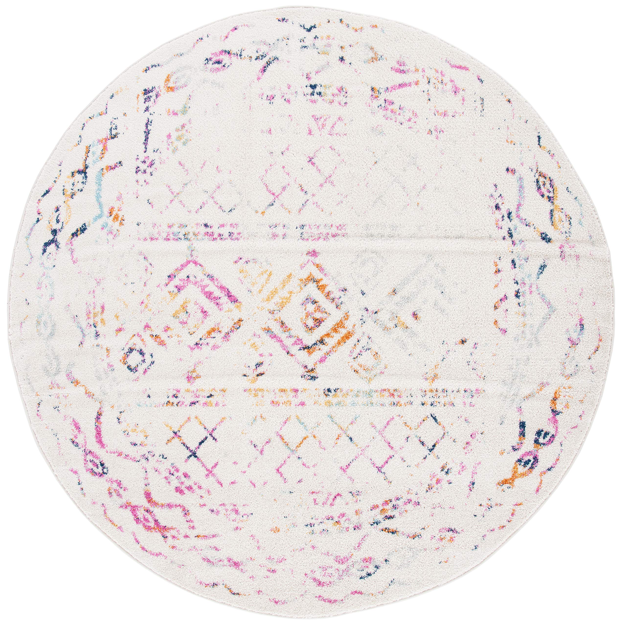 SAFAVIEH Tulum Collection 6'7" Round Ivory / Fuchsia TUL268E Moroccan Boho Distressed Non-Shedding Dining Room Entryway Foyer Living Room Bedroom Area Rug