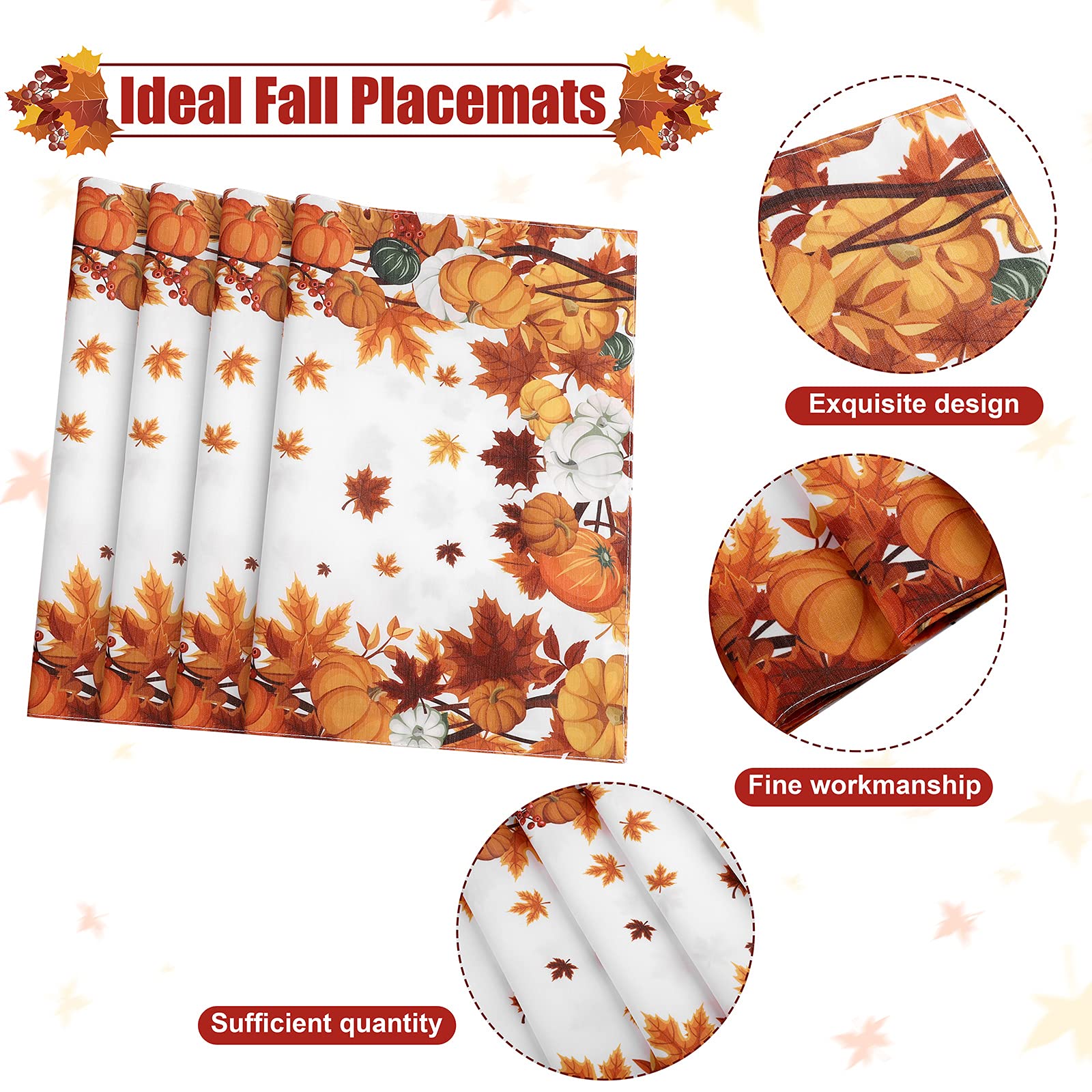 Ruisita 6 Pieces Fall Autumn Placemats 18 x 13 Inch Thanksgiving Placemats Table Mats Maple Leaves Pumpkin Placemat for Kitchen Decoration for Thanksgiving Parties Decoration