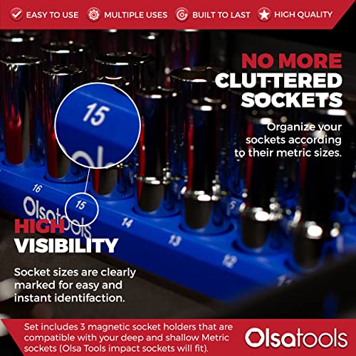 Olsa Tools Magnetic Socket Organizer | 3 Piece Socket Holder Kit | 1/2-inch, 3/8-inch, 1/4-inch Drive | Metric Blue | Holds 75 Sockets | Professional-Grade