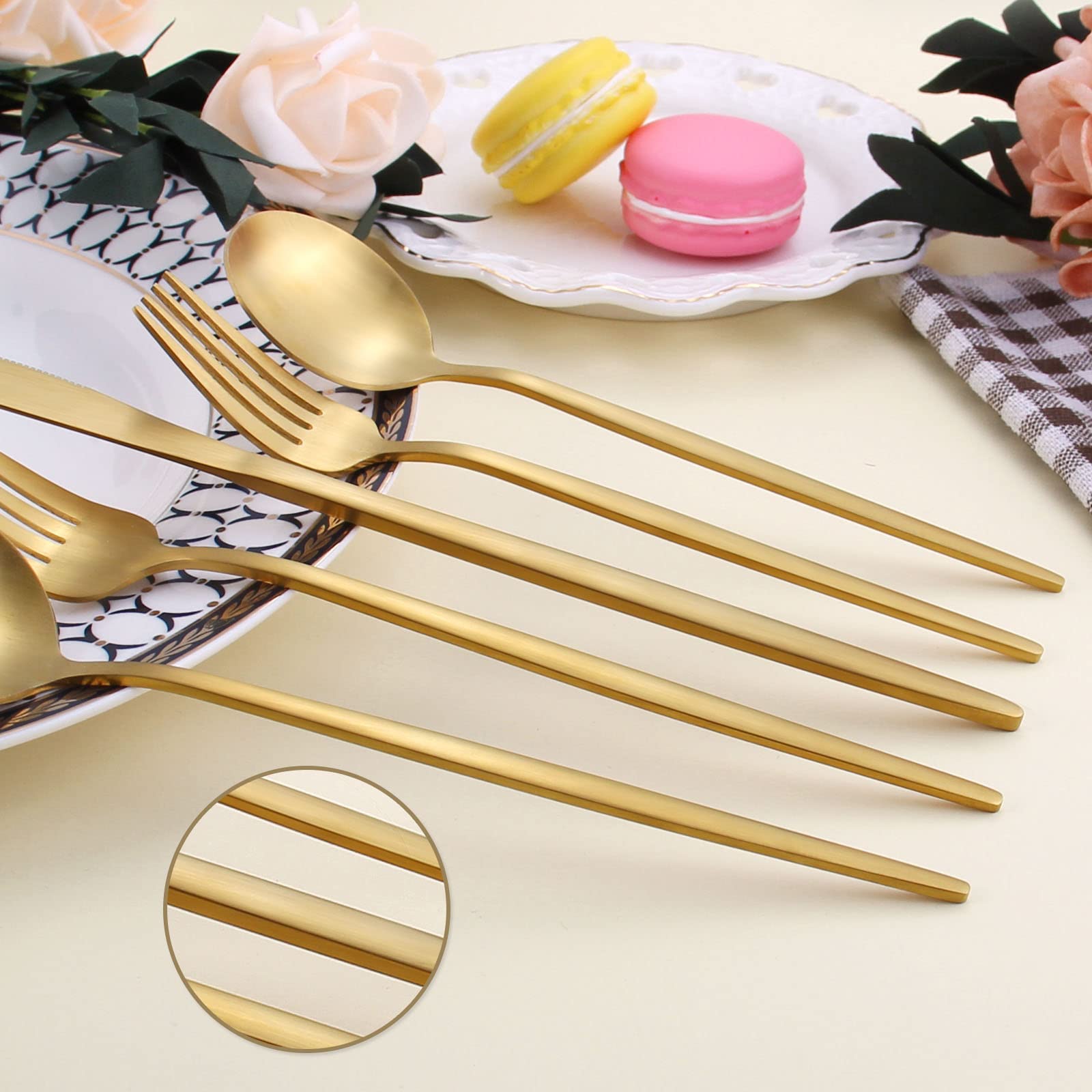 Matte Gold Silverware Set for 8, LAZAHOME Stainless Steel Flatware Cutlery Set, 40-Piece Kitchen Utensil Set Include Spoons And Forks Set, Satin Polished Finished, Dishwasher Safe.