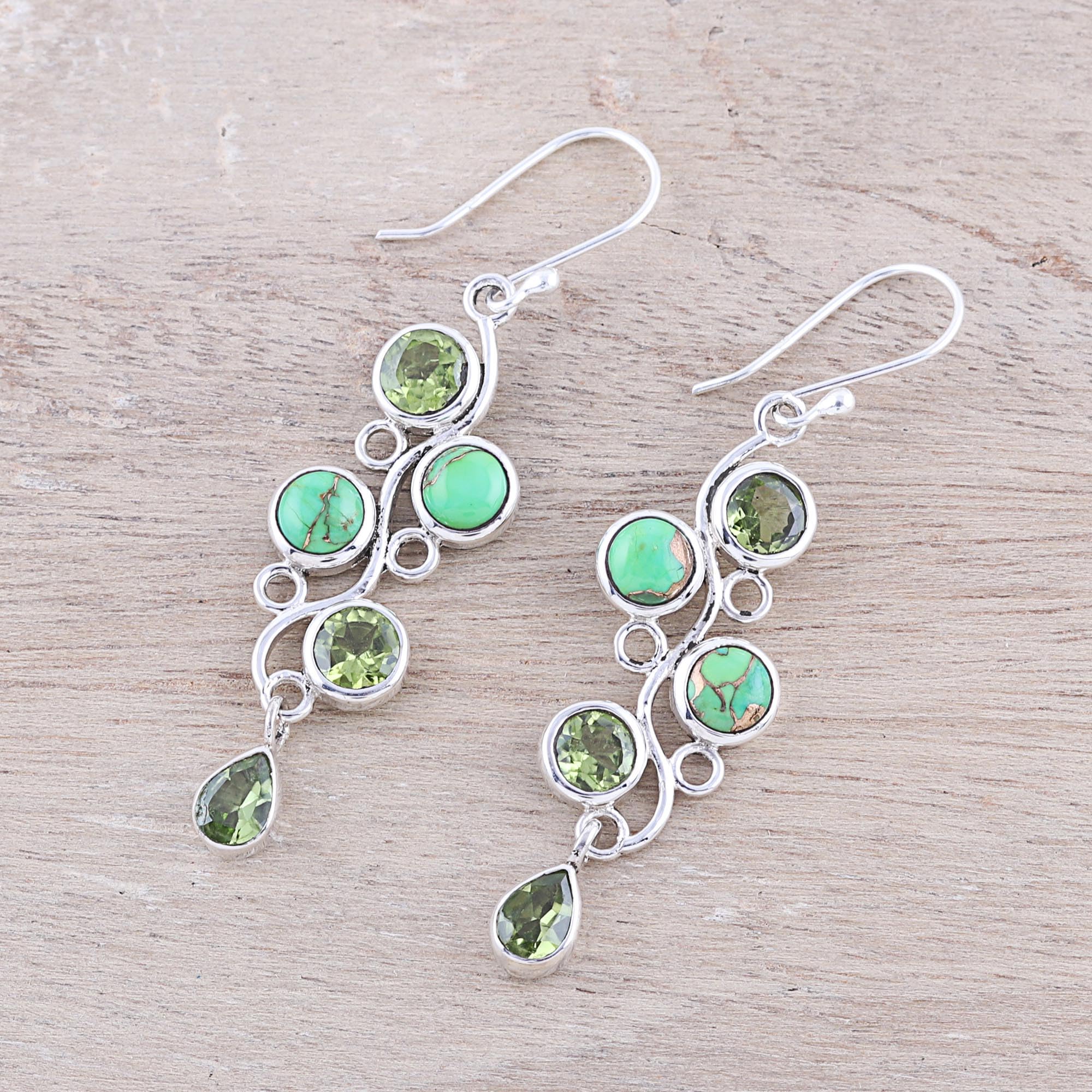 NOVICA Artisan Handmade Peridot Dangle Earrings Composite Turquoise from India Sterling Silver Reconstituted Birthstone Gemstone [2.3 in L x 0.5 in W x 0.2 in D] ' Green Sheen'