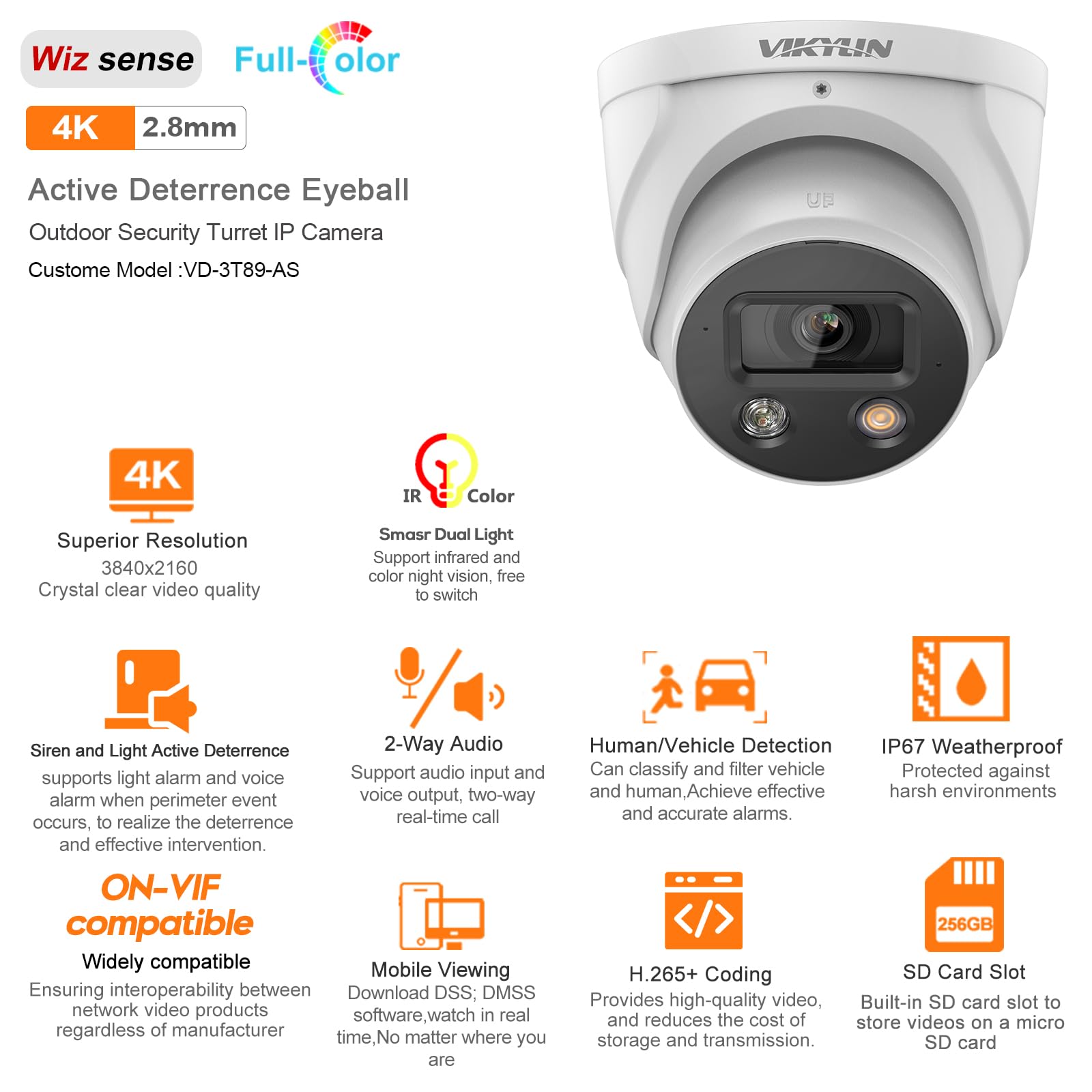 VIKYLIN 6MP IP Security Camera PoE, Indoor Outdoor Dome Camera with Mic/Audio, Human Vehicle Detection, 100ft IR Night Vision, Wide Angle 2.8mm Lens, IP67#YC2165I