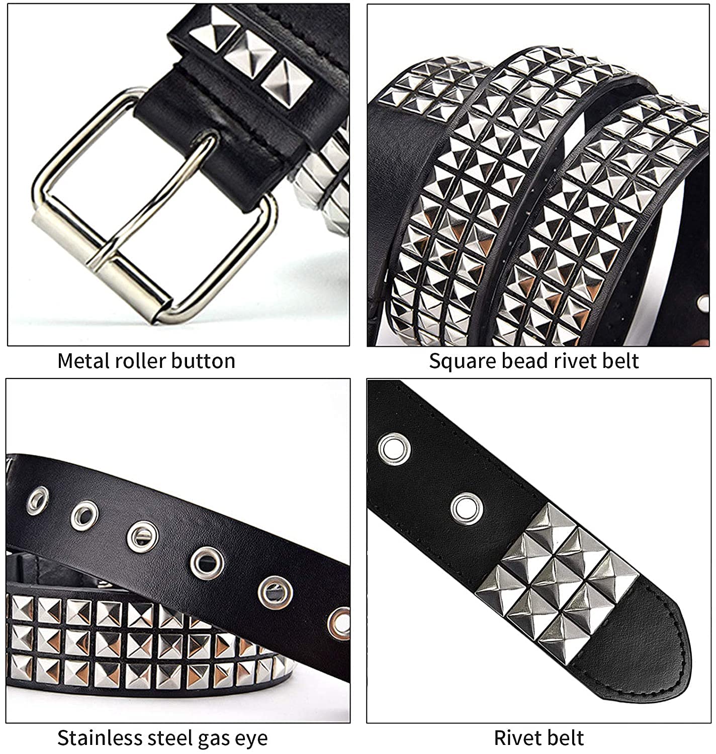 Studded Belt, 3 Row Metal Pyramid Silver Square Beads Punk Leather Belt, Gothic Punk Pants Jeans Belt for Women Men (Black) 110 x 3.8 cm