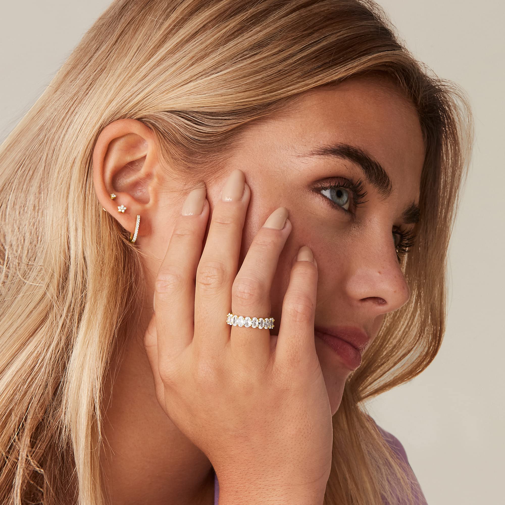 PAVOI 14K Yellow Gold Plated Rings Oval Cubic Zirconia Love | 5mm Stackable Yellow Gold Rings | Women Size 8