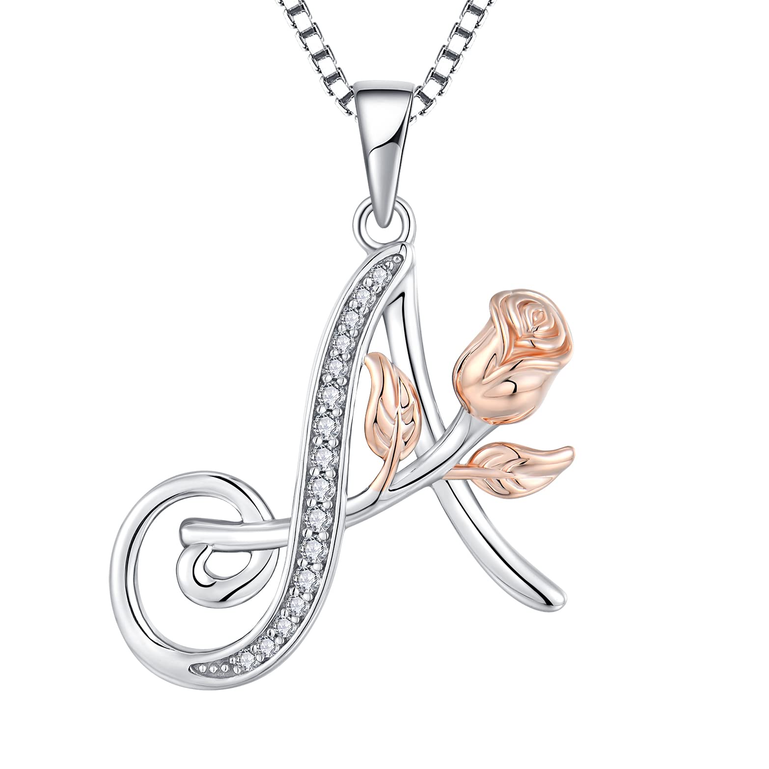 STARCHENIE Initial Necklace for Women Sterling Silver Letters 26 Alphabet Pendant Rose Flower Jewelry Gifts for Family Sisters Friend-A