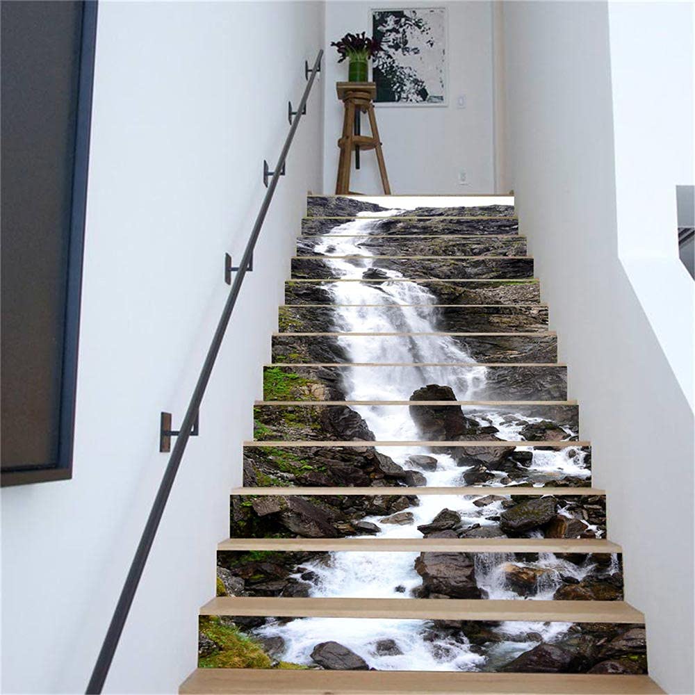 Master_GGGGG Stickers 3D Innovative DIY White Stream Decorative Adhesive Stair Stickers - Waterproof Stair Riser Decals - Peel and Stick Stair Stickers Decoration 13pcs/set 18cm X 100cm