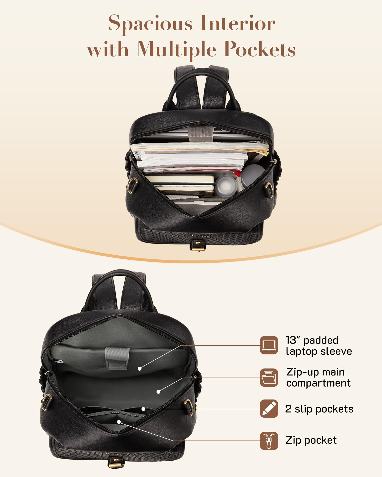 Missnine Leather Backpack Purse for Women, Anti-theft Backpack, Convertible Shoulder Bag with Secured Zippers for Travel Work, Black