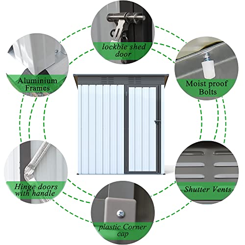UBGO Outdoor Storage Shed, Galvanized Metal Garden Shed with Lockable Doors, Tool Storage Shed for Patio Lawn Backyard Trash Cans(5 x 3 FT)