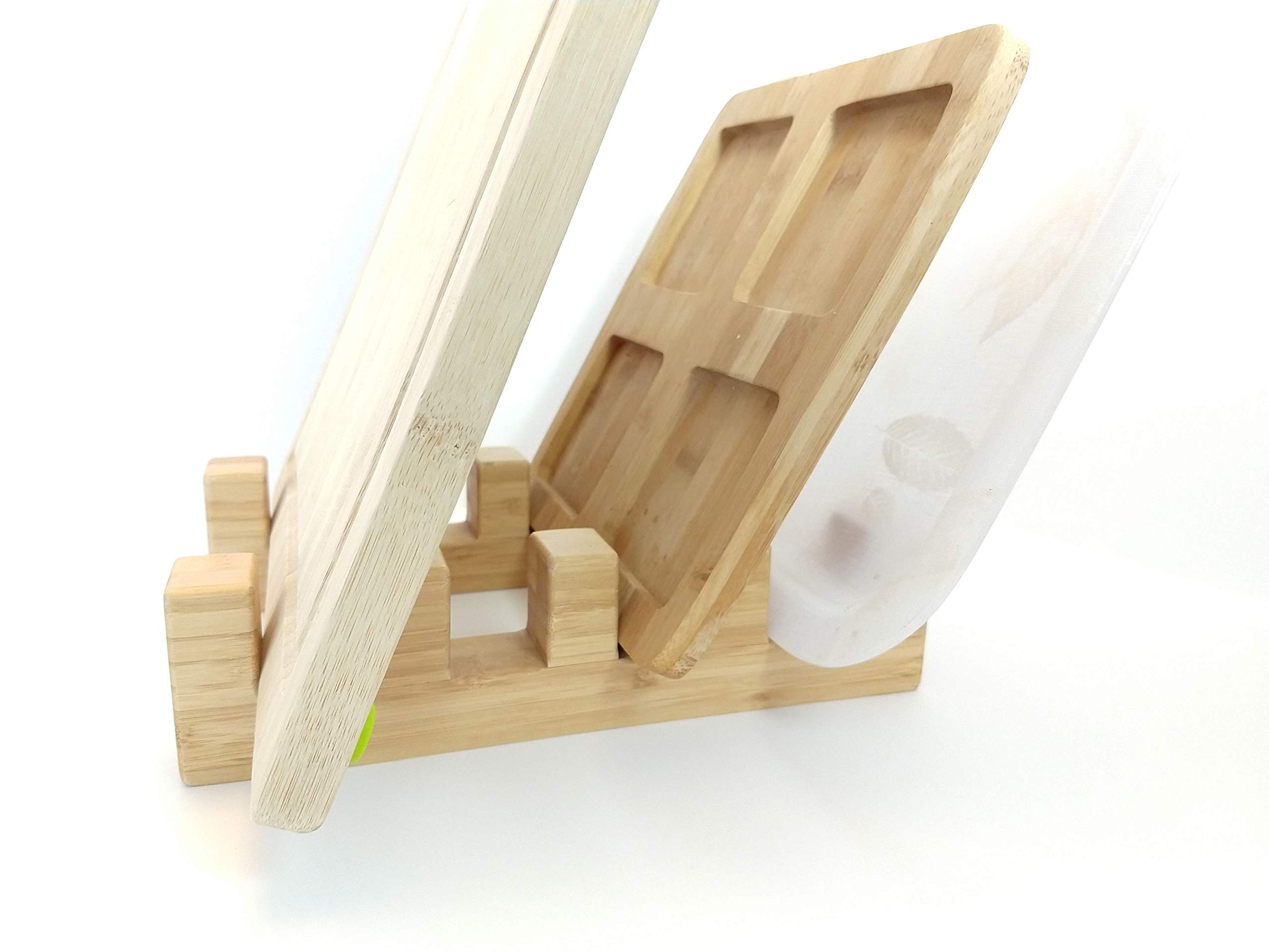 Stock N Wares Bamboo Cutting Board Holder, Pot Lid Holder, Cook Book Stand, Tablet Holder for Kitchen, Stylish Low Profile, 10.38" Lx7 Wx2.5 H(26.35cmx17.78cmx6.35cm)