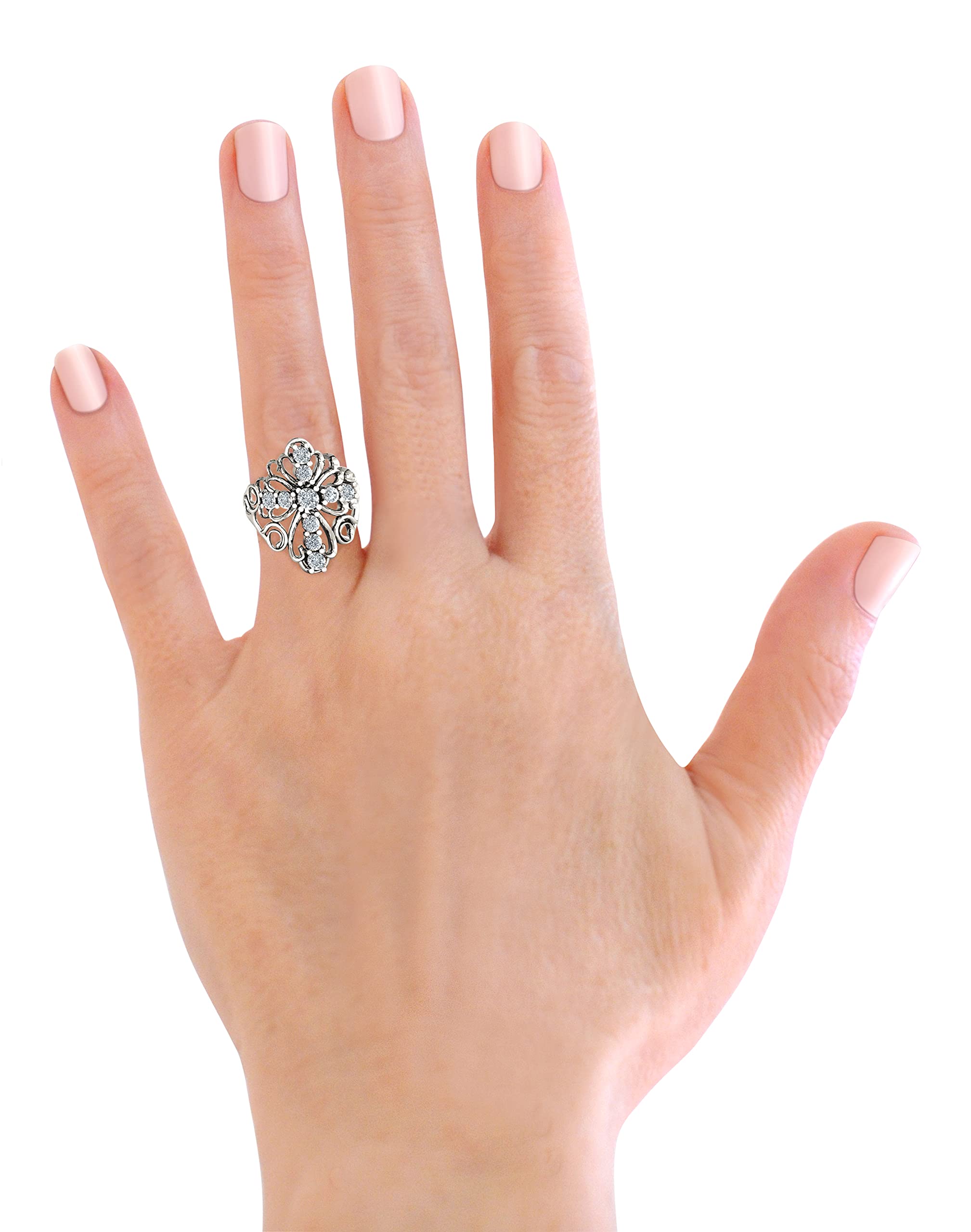 Savlano 18K White Gold Plated Round Cut Cubic Zirconia Filigree Cross Ring Women Religious Ring (9)