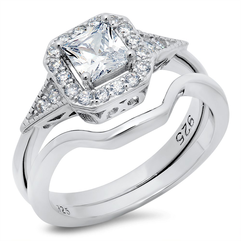 Metal Factory Sterling Silver 925 Princess Cut Cubic Zirconia CZ Halo Engagement Ring Sz 11