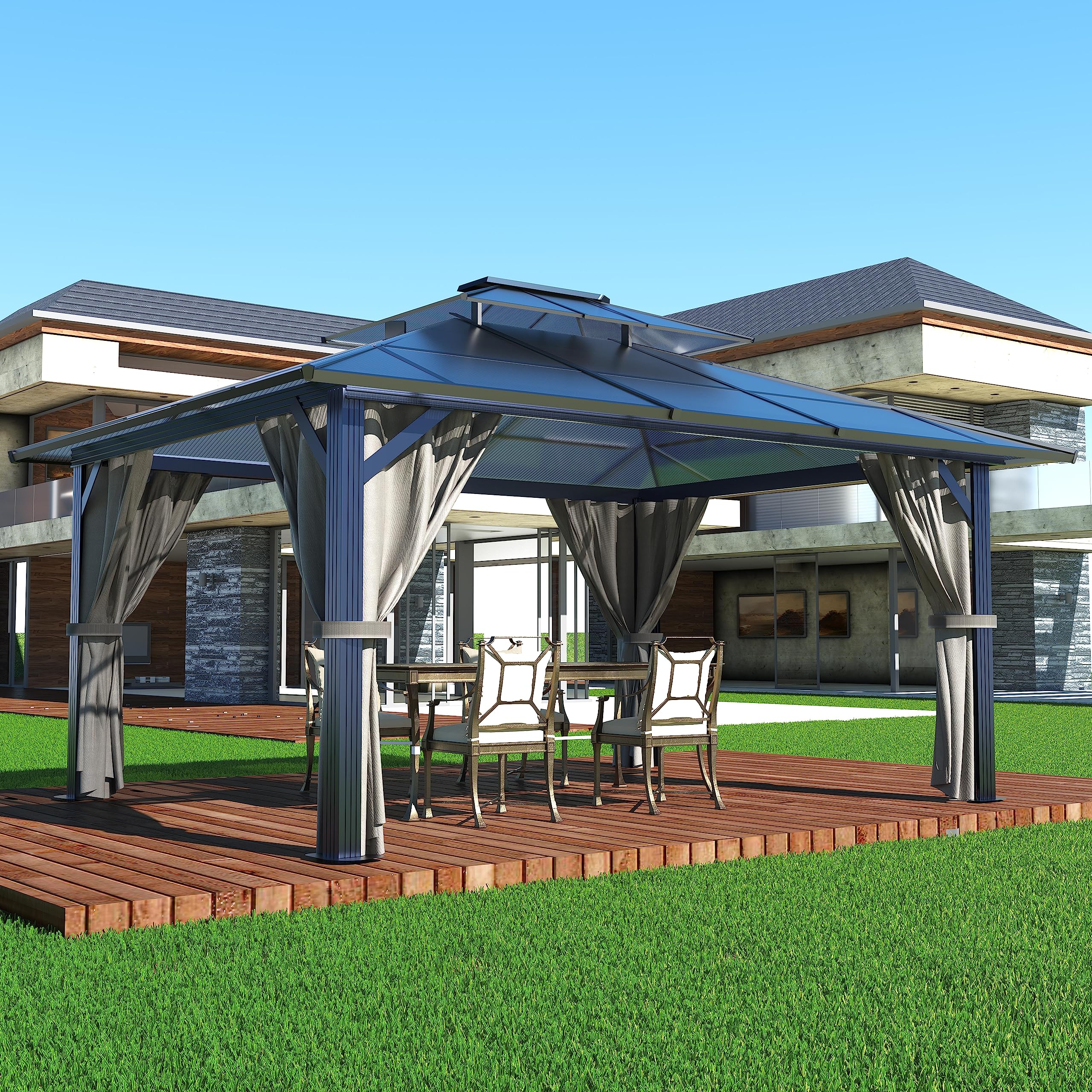 MUPATER Outdoor 10' x 13' Polycarbonate Hardtop Gazebo with Aluminum Frame, Double Roof Canopy, Netting and Curtainsfor Patios, Deck, Lawns, Gardens and Pools