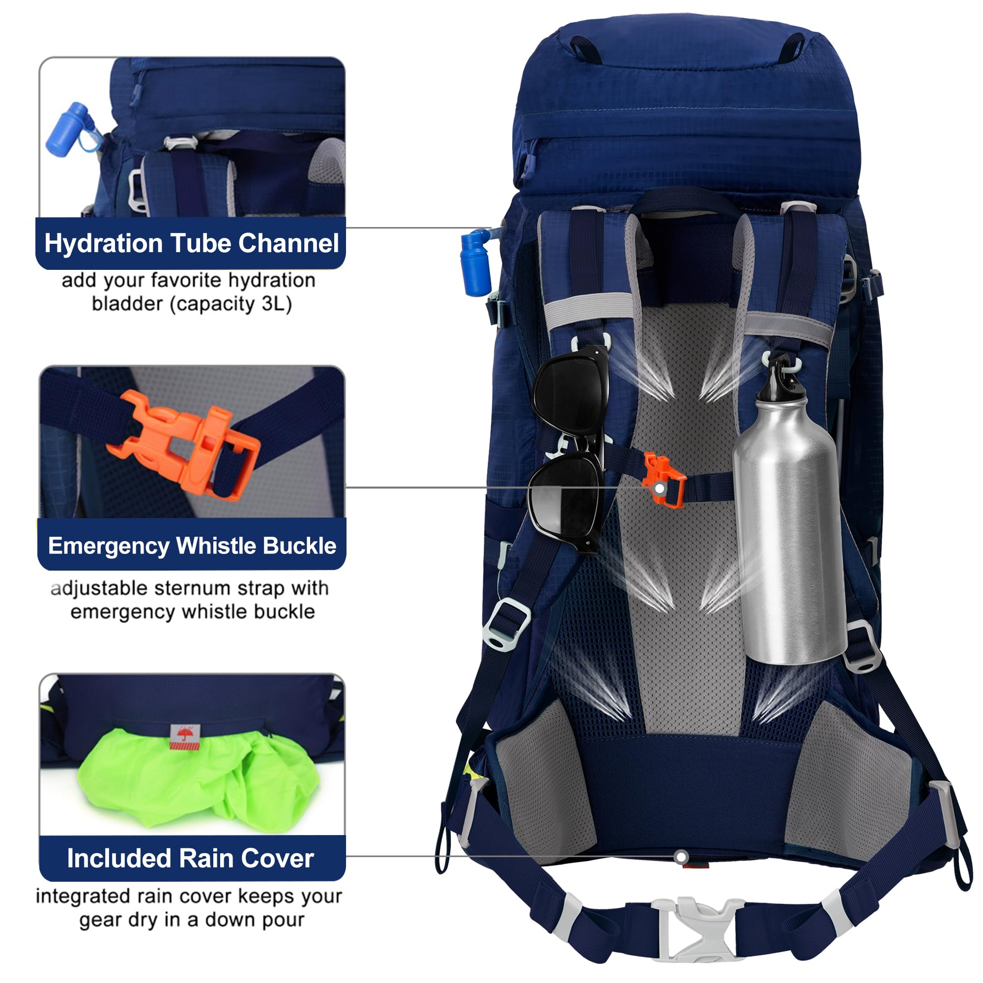 N NEVO RHINO Internal Frame Hiking Backpack 50/60/65/70/80L, Mountain Climbing Camping Backpack Daypack Waterproof Rain Cover