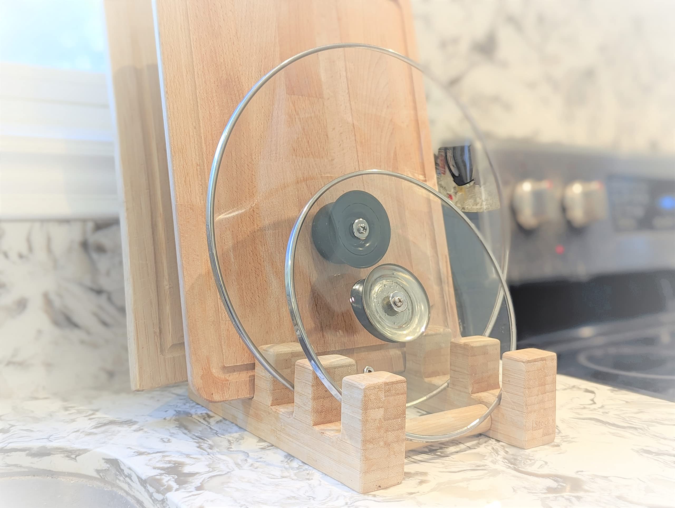 Stock N Wares Bamboo Cutting Board Holder, Pot Lid Holder, Cook Book Stand, Tablet Holder for Kitchen, Stylish Low Profile, 10.38" Lx7 Wx2.5 H(26.35cmx17.78cmx6.35cm)
