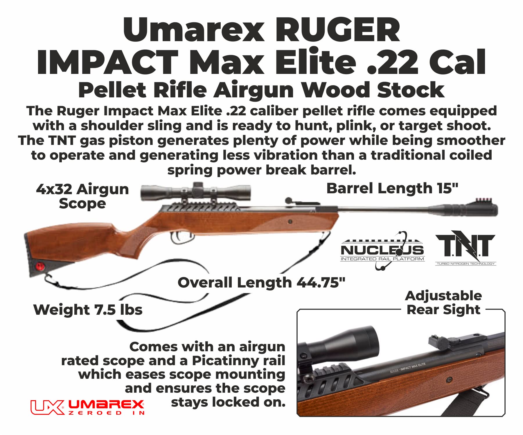 Ruger Impact Max Elite .22 Caliber Wood Stock Break Barrel Air Rifle 900fps with Wearable4U Pack of 250x .22 Cal Pellets Bundle