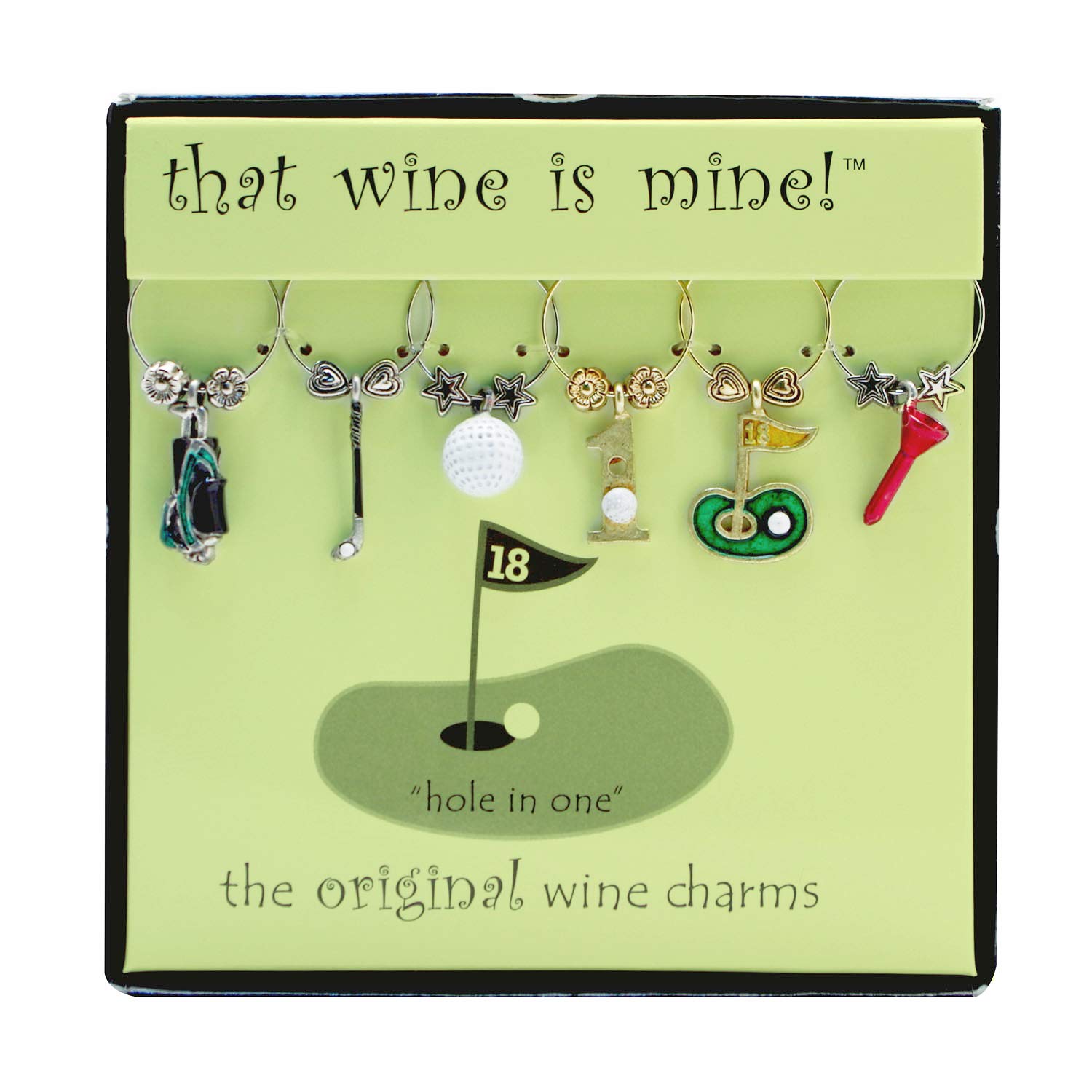 Wine Things 6-Piece Wine Charms/Wine Glass Tags/Drink Markers for Stem Glasses, Wine Tasting Party (Hole In One)