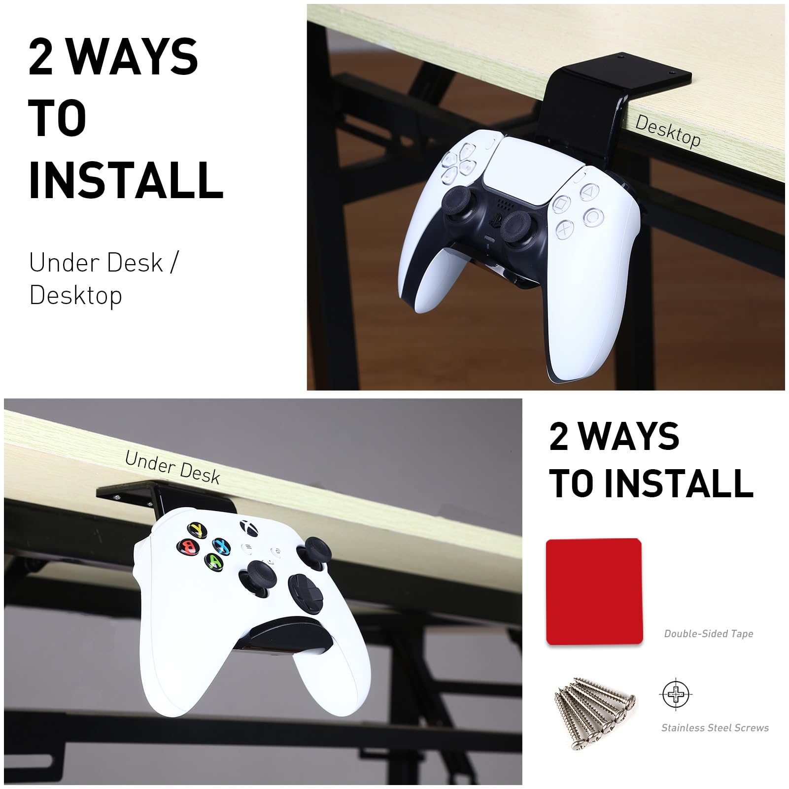 OAPRIRE Under Desk & Desktop Controller Holder Stand (2 Pack) for XBOX ONE PS4 PS5 STEAM SWITCH PC, Universal Gamepad Controller Accessories with Cable Clips - Create Exclusive Game Fortresses - Black