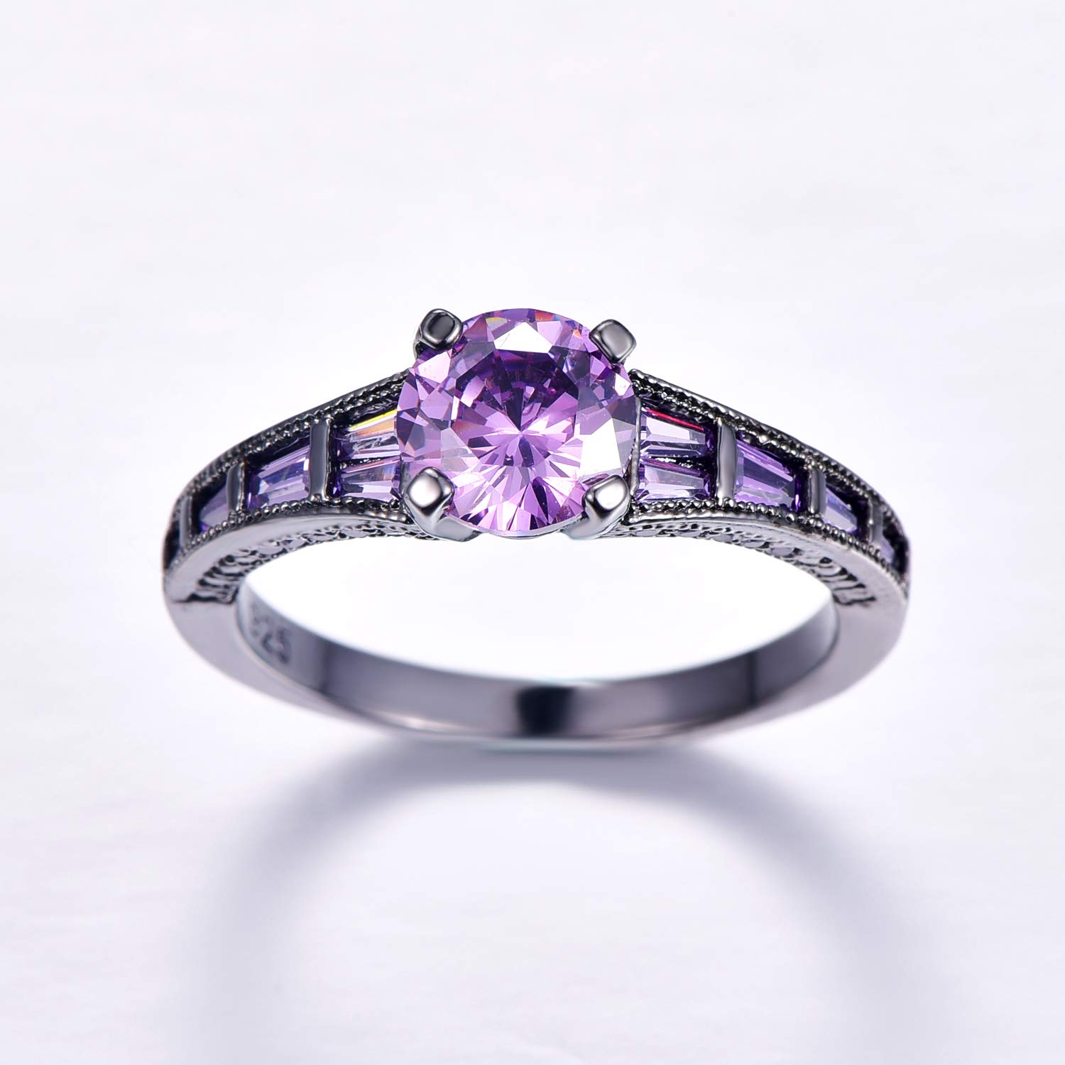 Narica Black Gold Plated Women's Antique Ring Retro Oxidized Finished Round Cut Created Amethyst CZ Cubic Zirconia Filled Engagement Promise Wedding Vintage Band for Mom Lover 8#