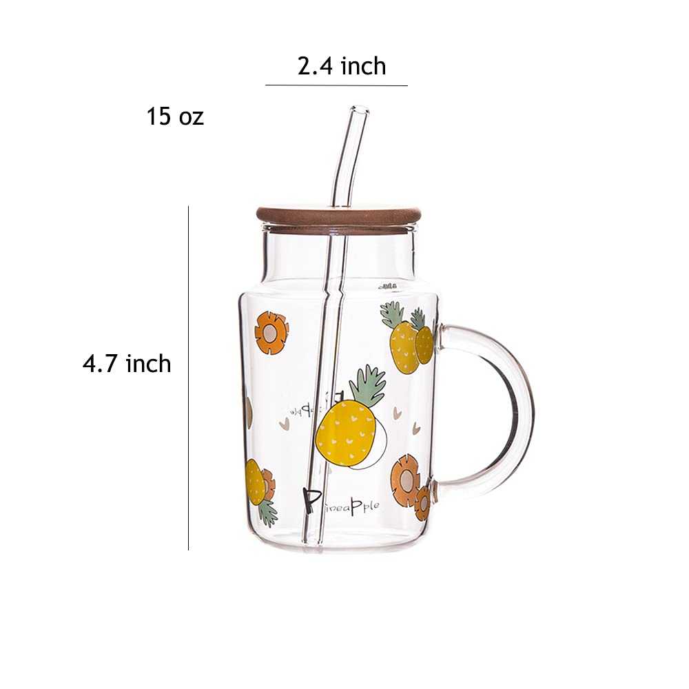 Sizikato Clear Glass Mug with Lid and Straw, 15 Oz Drinking Glass Juice Cup, Cute Pineapple Pattern