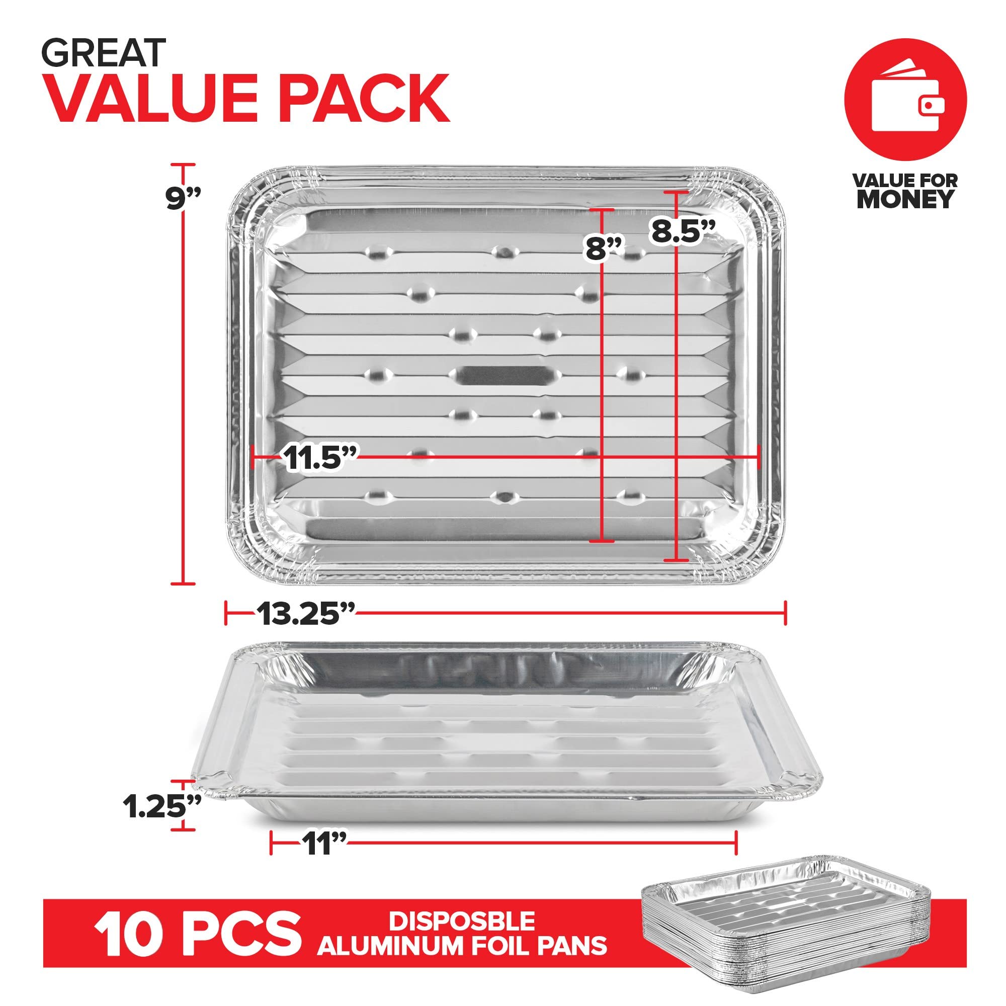 Stock Your Home Disposable Aluminum Foil Broiler Pan (10 Pack) for Oven - Durable Broiling Drip Trays with Ribbed Bottom Surface for BBQ Grill-Like Texture - 13x9 Inch Pans