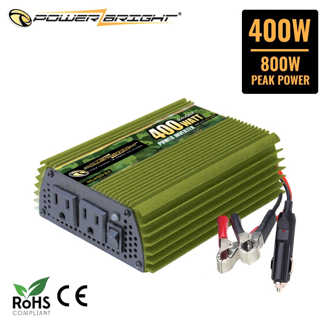 PowerBright 400 Watt Power Inverter, DC 24V to 120V AC Car Inverter, Modified Sine Wave with 120V AC Outlets, Car Battery Cables w/Alligator Clips & Car Cigarette Lighter Plug Adapter - CE Approved