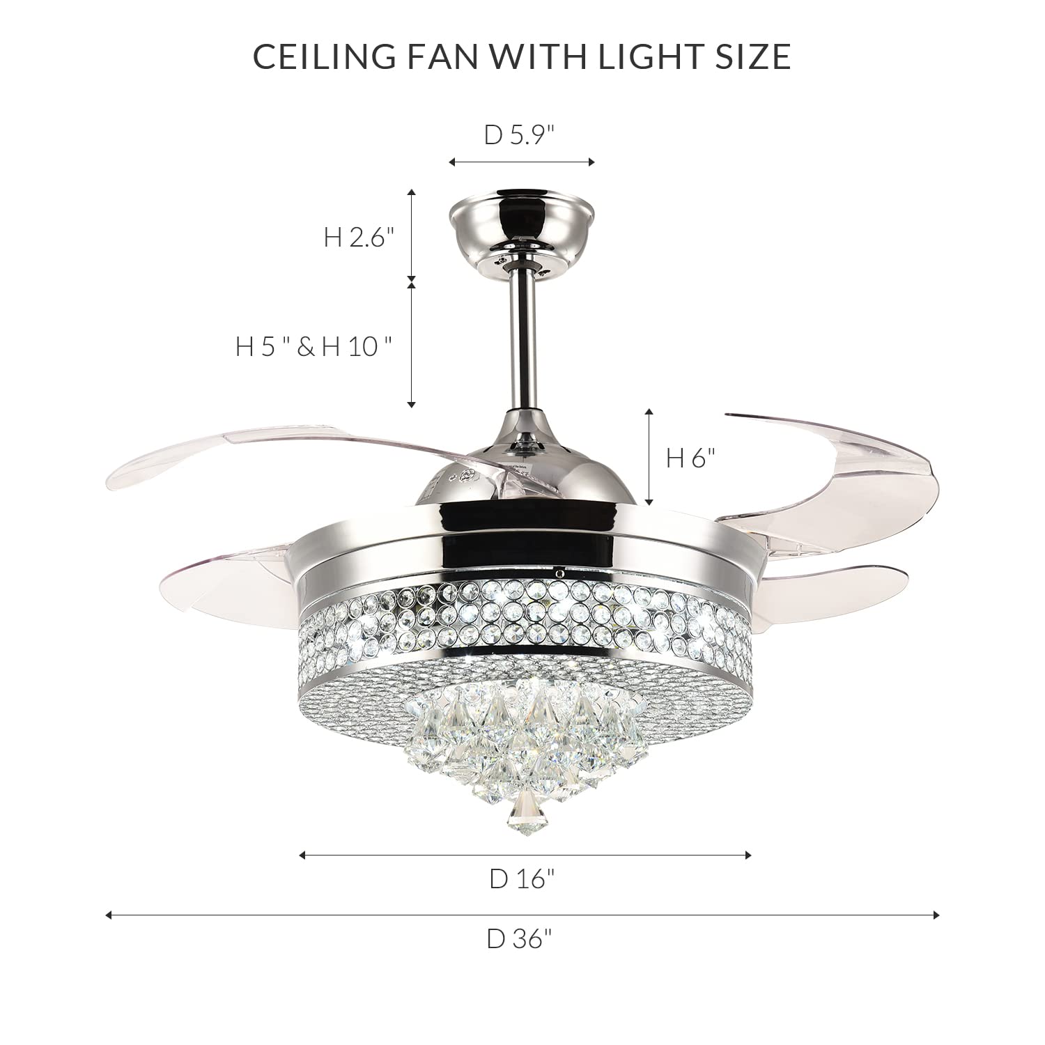NOXARTE 36 Inch Crystal Ceiling Fan with Remote, Dimmable Retractable Chandelier Fan, Invisible Fandaliers Ceiling Fan for Bedroom Dining Room-Silverā¦