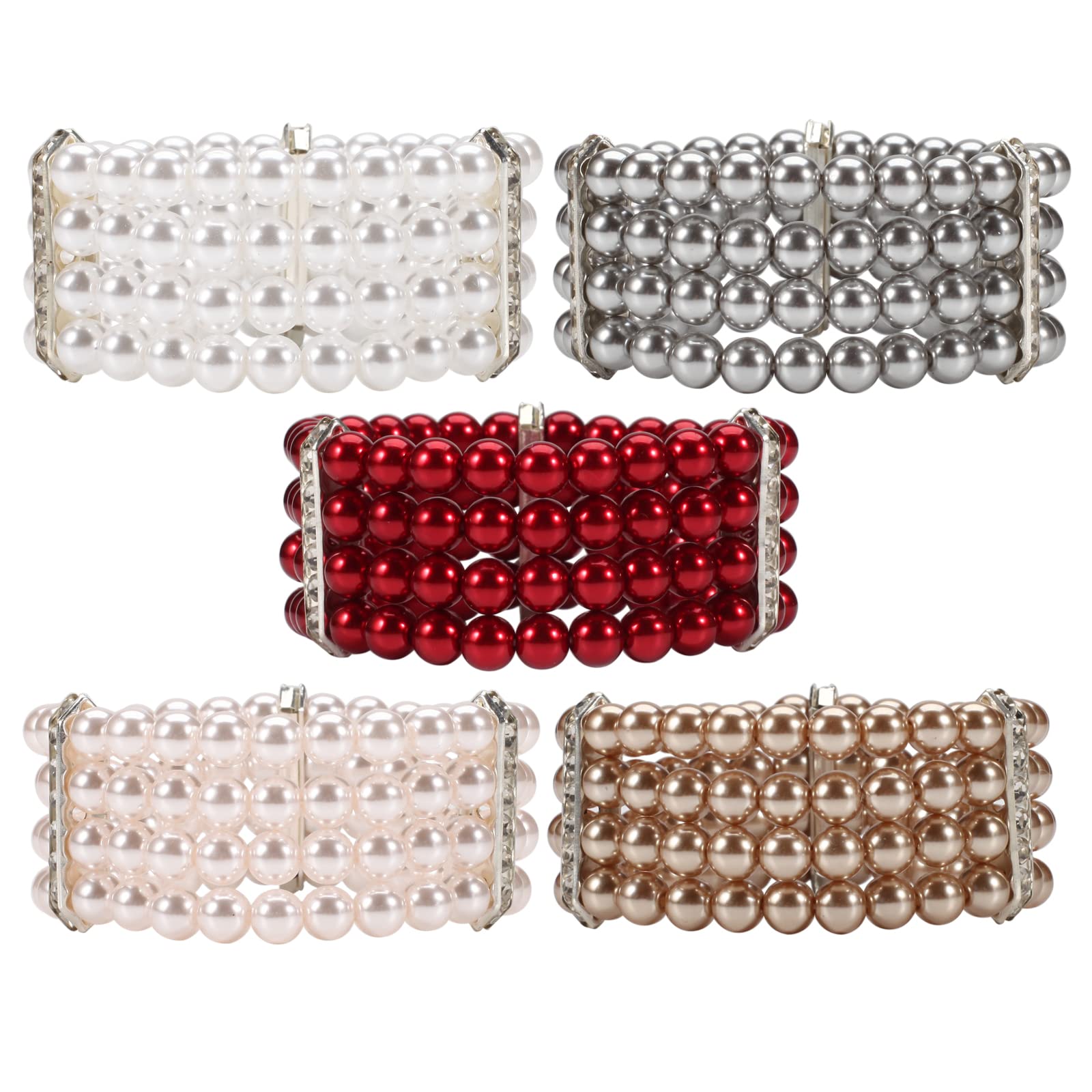 Twinfree 5 Sets Stretch Multilayer Faux 8mm Pearl Bracelet Bangle Vintage Wedding Bridal Jewelry