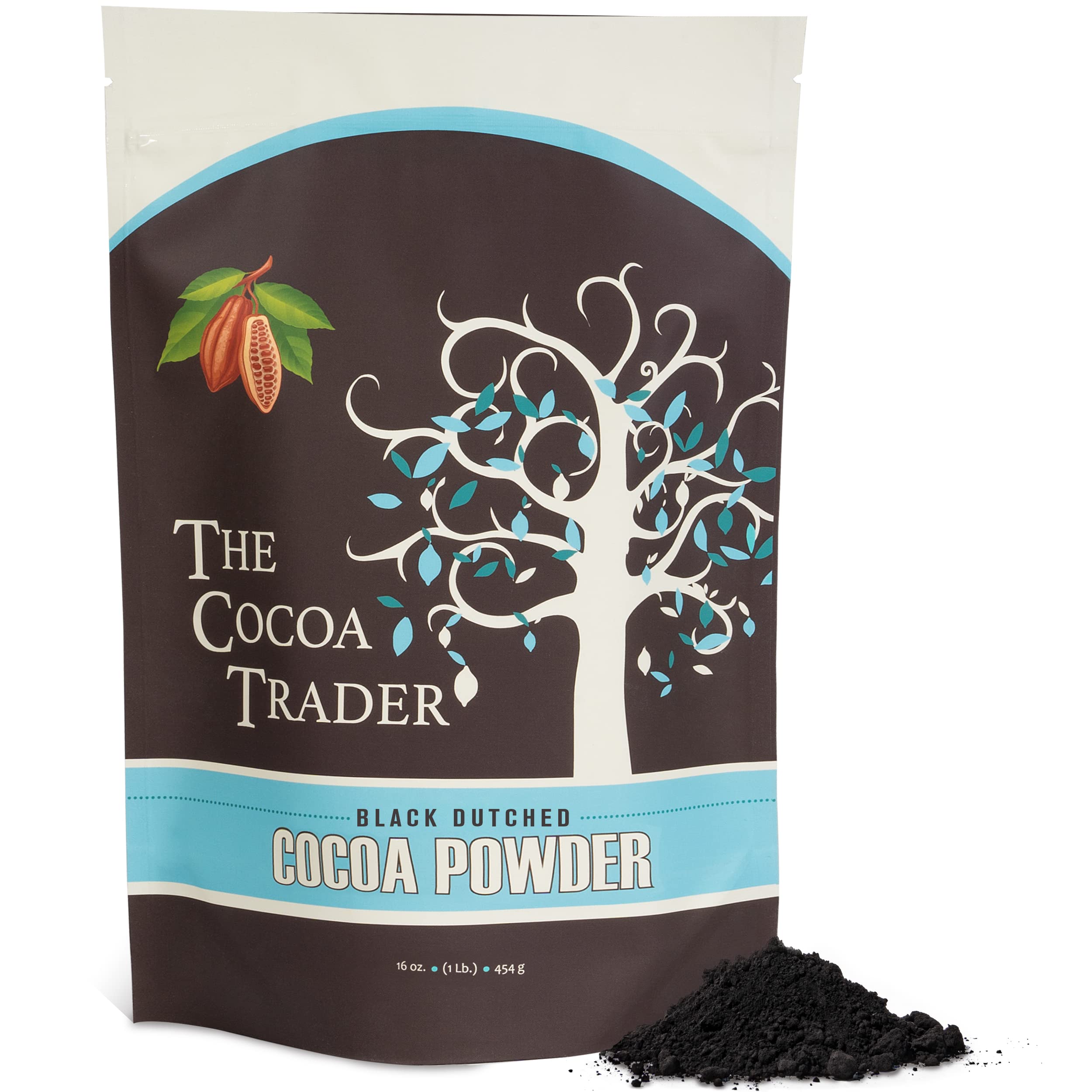 The Cocoa Trader - Black Cocoa Powder for Baking (1lb) - Darkest Dutch Processed , Unsweetened Chocolate Flavor | Natural Substitute for Black Food Coloring, Bulk | Sugar Free, Extra Dark