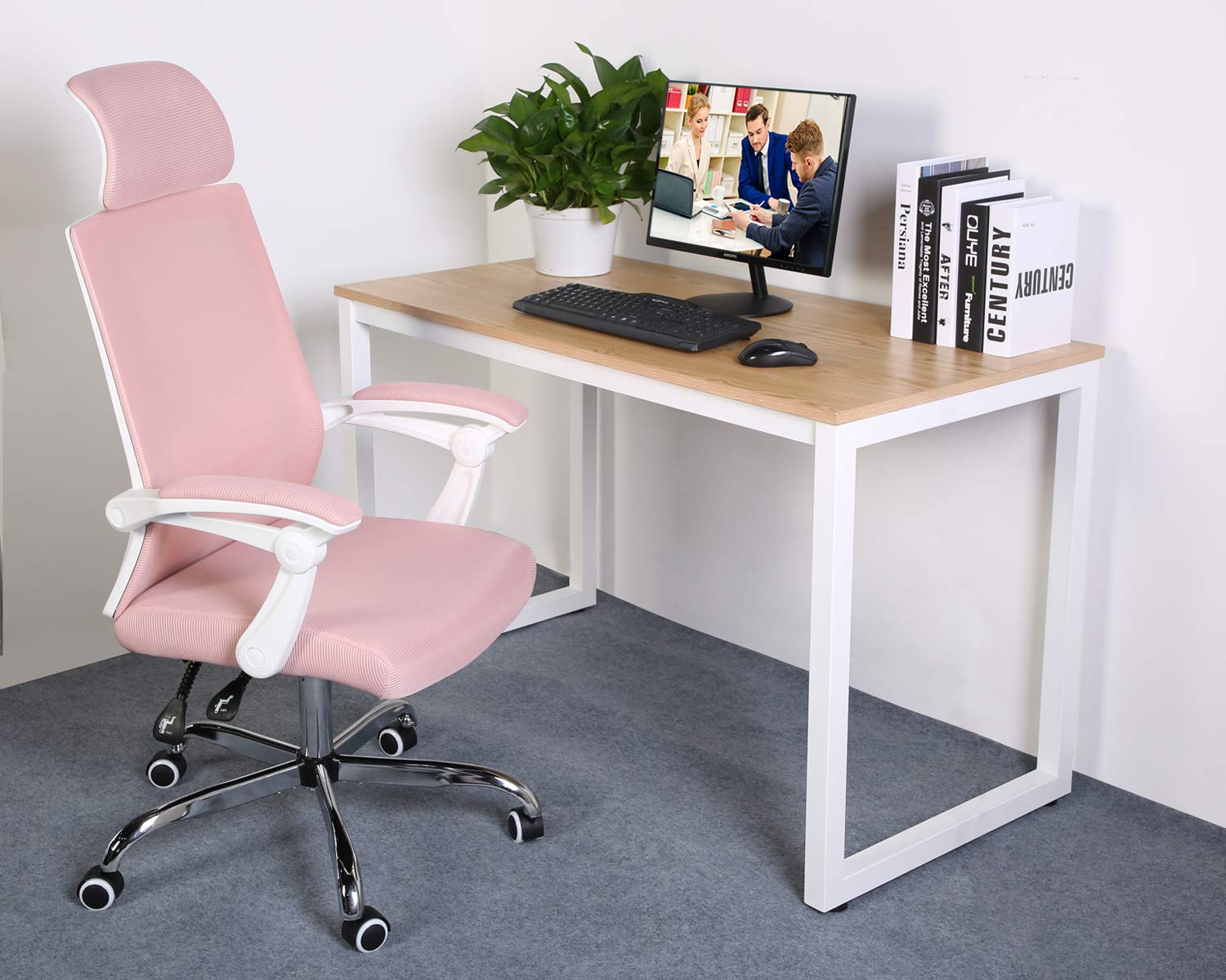 Ptoulemy Computer Office Desk 47" Study Writing Table Desk for Home Office Thick Metal Frame PC Desk Modern Simple Style(Oak)