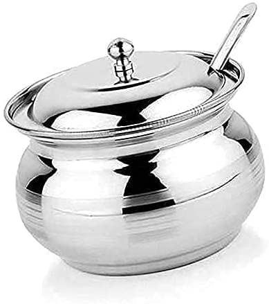 Vaishnavi Creations Stainless Steel Ghee Pot With Spoon And Lid, Clarified Butter Storage Container Storage Pot For Ghee Sugar Salt etc, Silver, Length 3.2 X Width 3.2 X Height 2.5 Inch