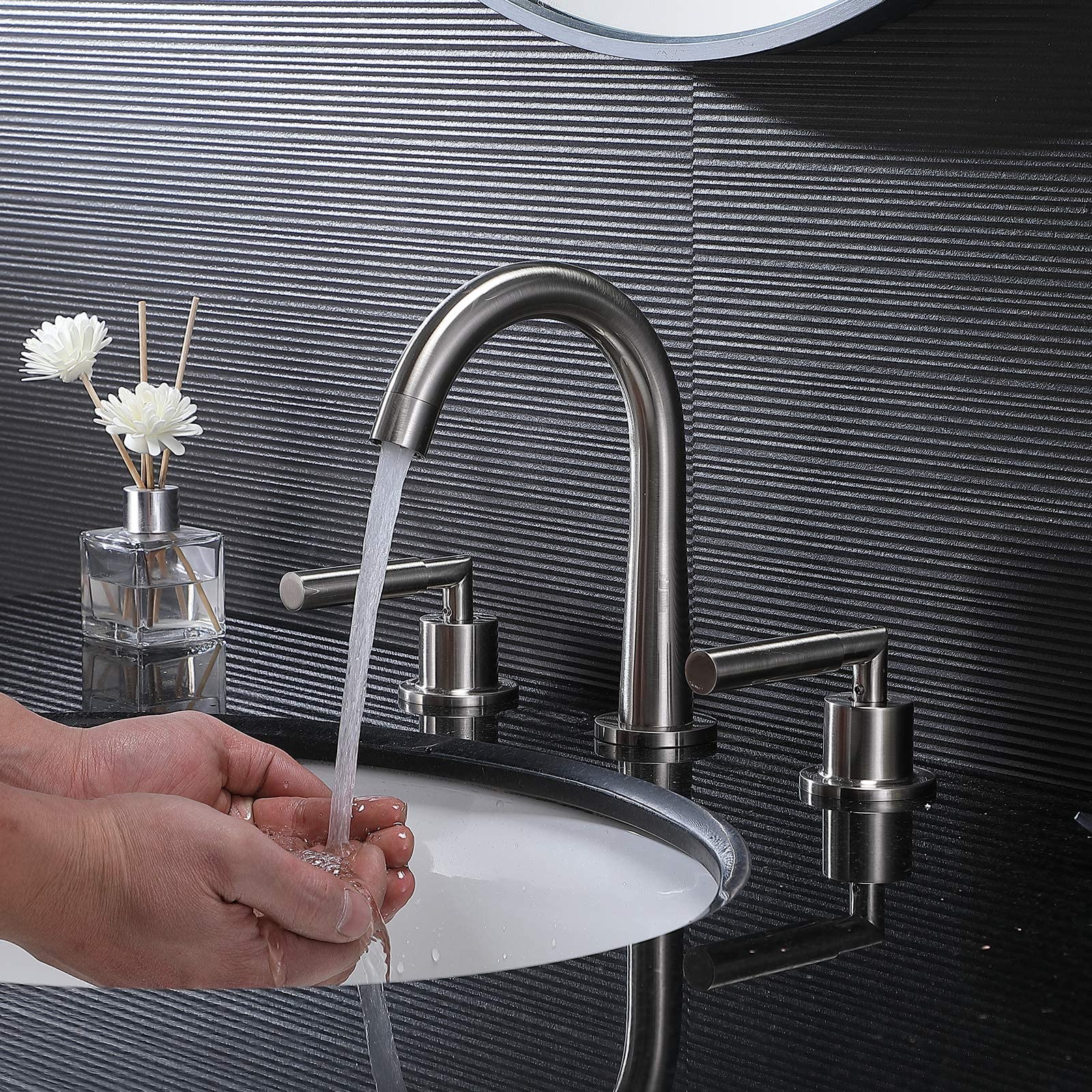 VESLA HOME Modern Brushed Nickel 3 Hole Bathroom Faucet Widespread, 2 Handle Lavatory Vanity Stainless Steel Bathroom Sink Faucet with Pop-up Drain and Water Hoses