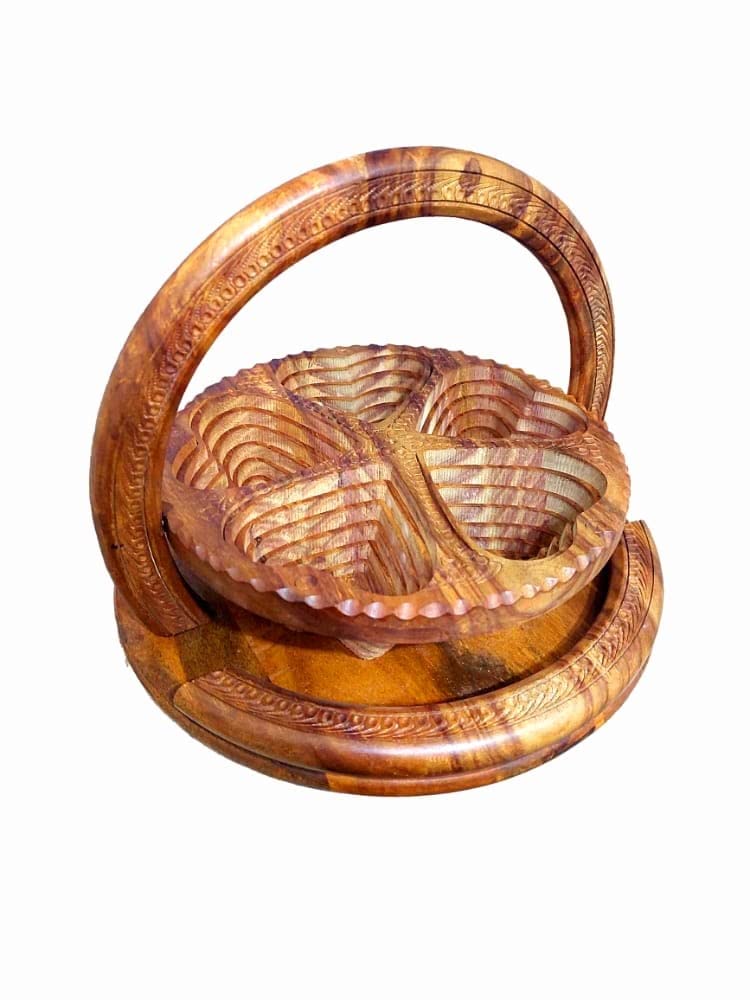 SKEZ Decorative Wooden Collapsible Fruit Basket (12"x12"x12") Elegant Wooden Foldable Fruit Basket Circular Hand Crafted Wooden Trivet Multipurpose (5 Partitions)