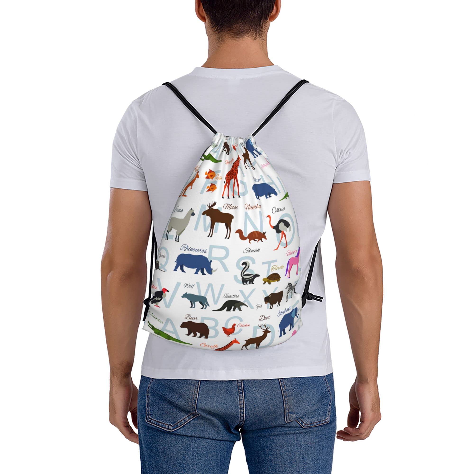 UTtitr Drawstring Backpack Alphabet Cute Zoo Animals Gym Sackpack Folding Dance Yoga Sack String Bag Waterproof Sport Daypack For Men Women Travel Beach Camping Cycling