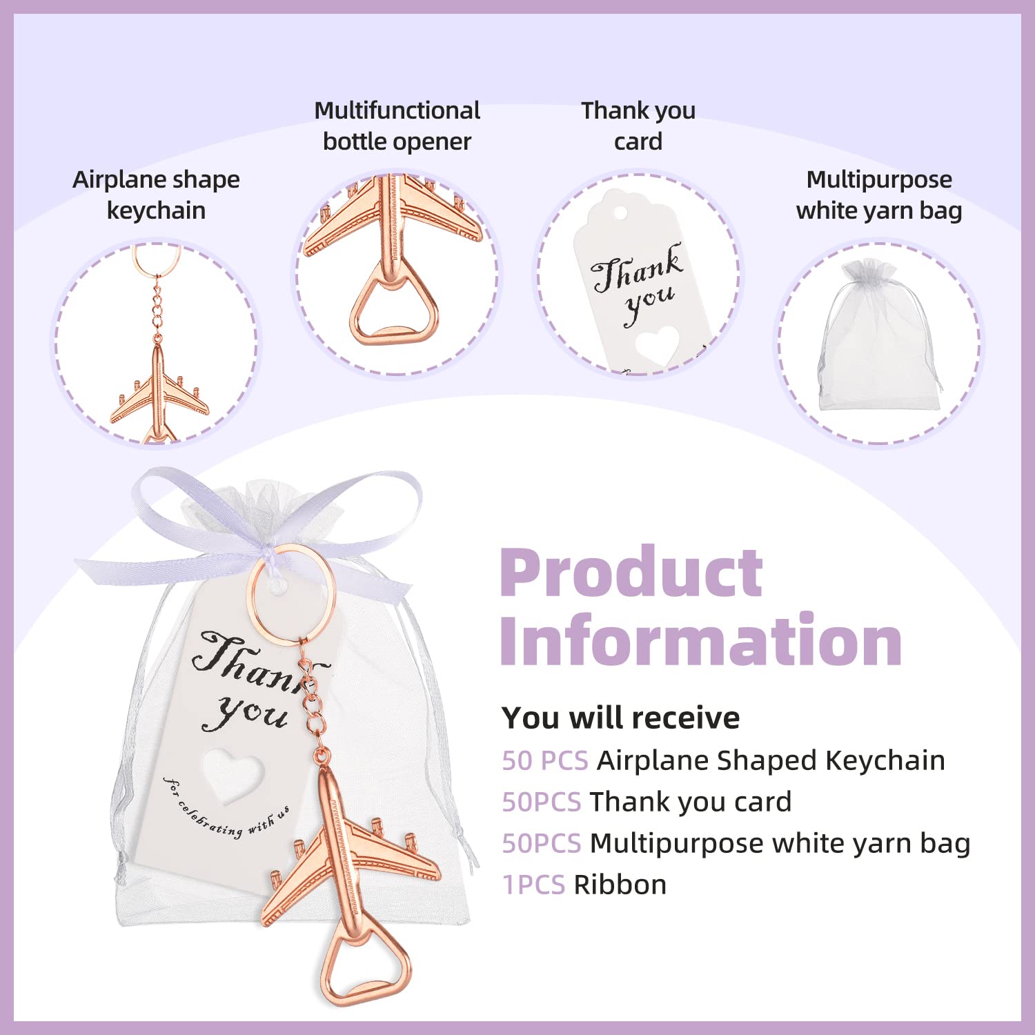 Winocbxt 50PCS AirplaneRose Gold Bottle Opener Keychains for Wedding or Bridla Shower Favors, Gifts, Souvenirs to Guests Bluk