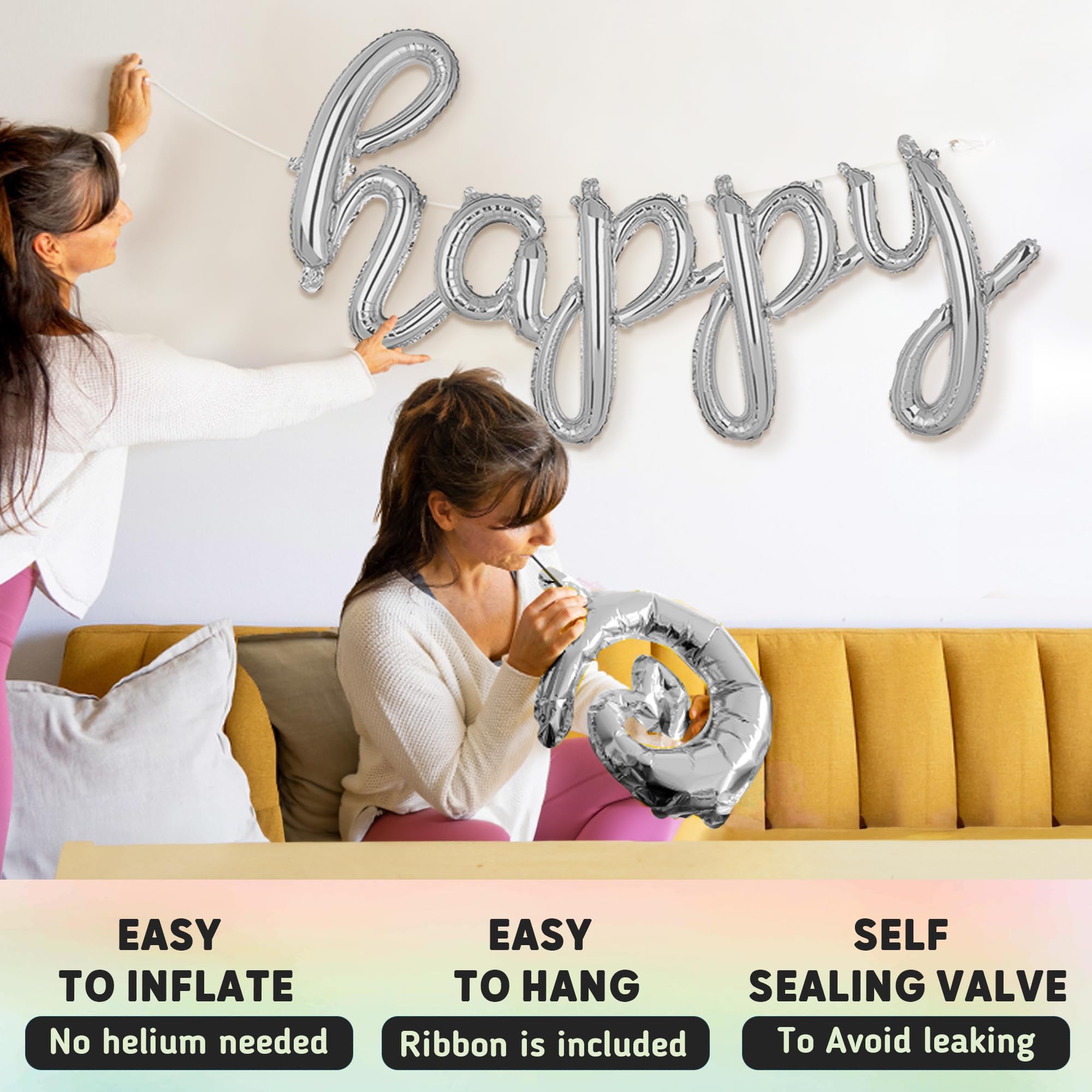 Silver Happy Birthday Balloons Banner | Script / Cursive Gold Letter Balloon Sign For Birthday Party Decor / Decoration | Foil Mylar Happy Birthday Banner (Silver)
