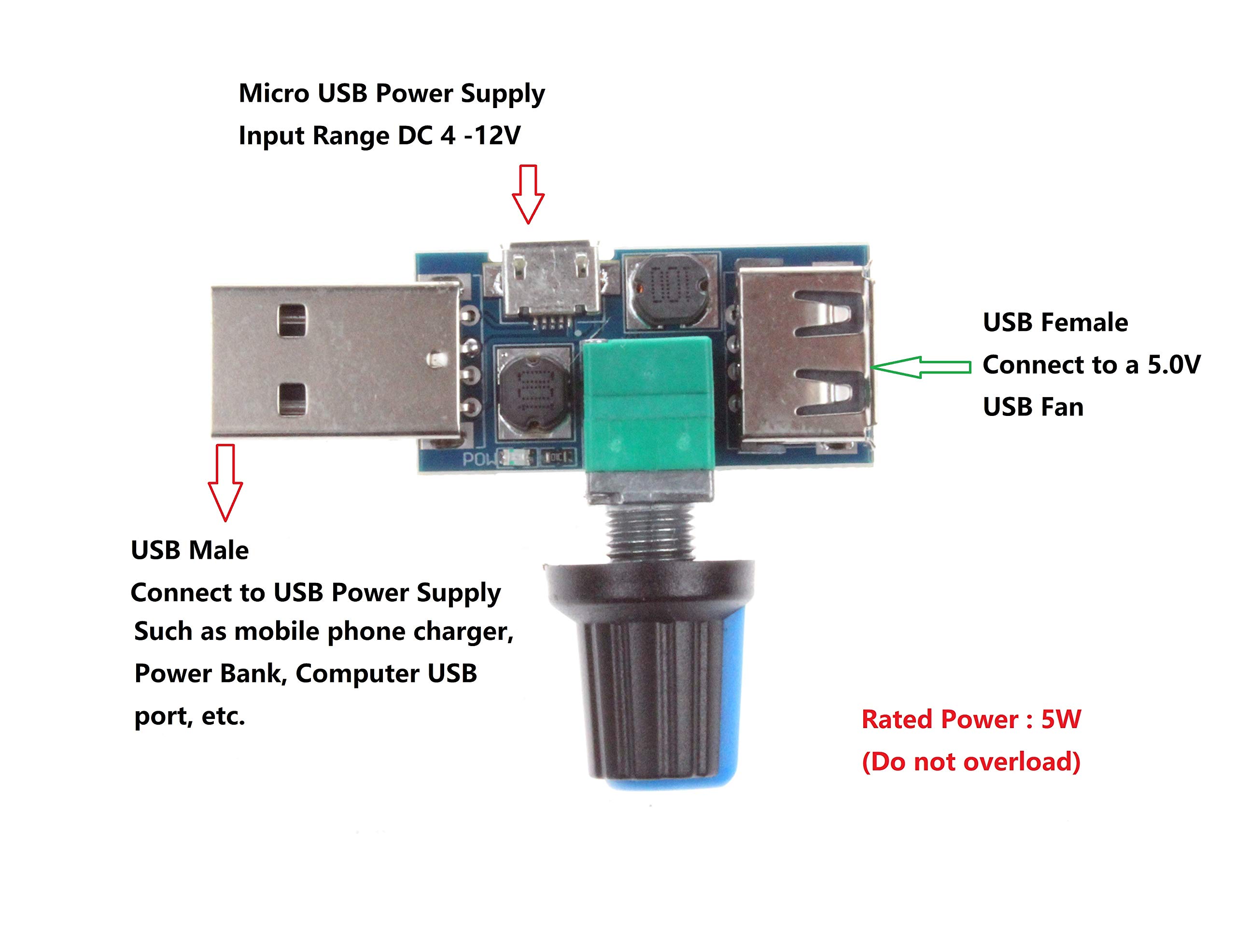NOYITO 5V USB Fan Stepless Speed Controller Regulator with Switch Speed Module DC 4-12V to 2.5-8V 5W (Pack of 2)