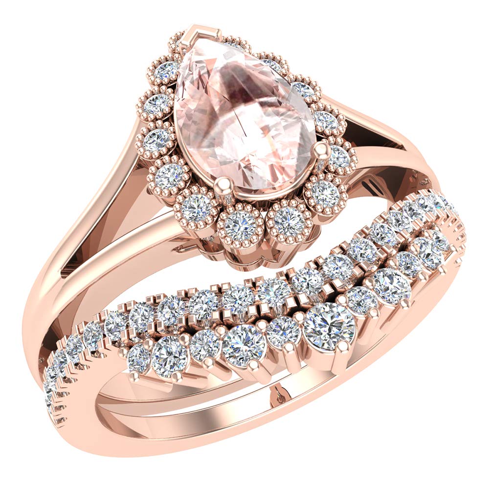 Morganite Engagement Ring - Wedding Ring Set for Women 14K Rose Gold 8 mm Pear Shape (RS 6)