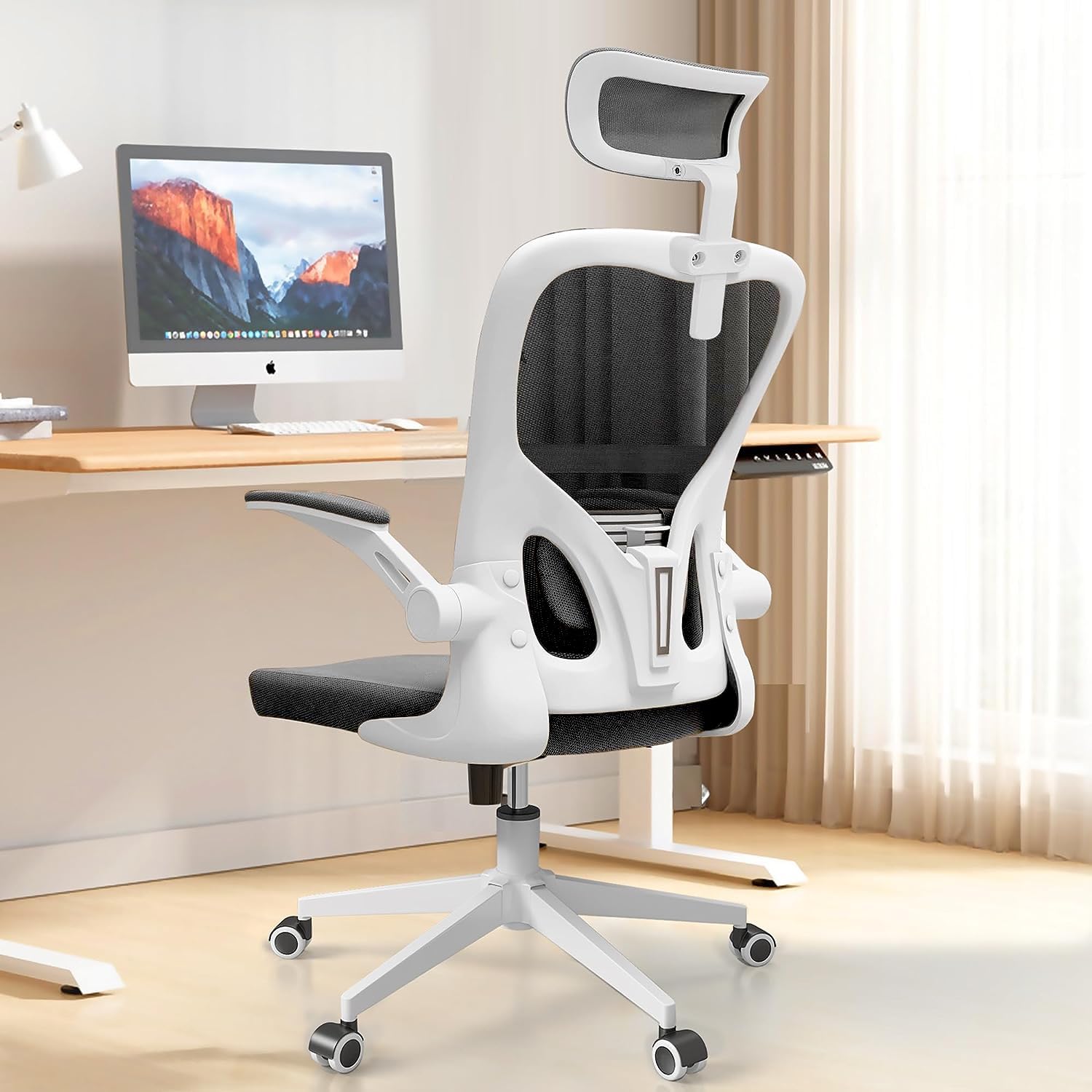 Monhey Office Chairs, Ergonomic Office Chair, Computer Chair with Adjustable Headrest, Lumbar Support, 2D Flip-up Armrest, Khaki Mesh Office Chair