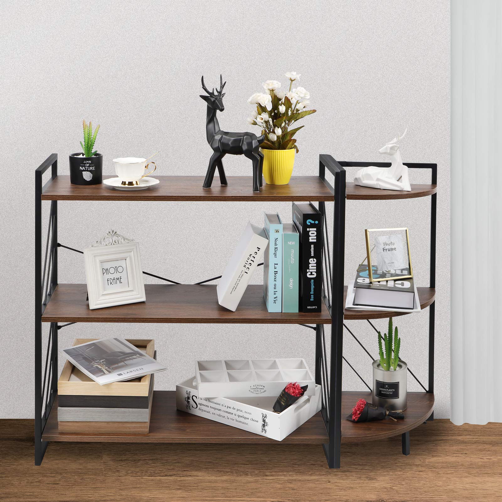 NOZE 3 Tier Industrial Bookshelf, Storage Rack Shelf for Home and Office , Rustic Bookcase, Walnut