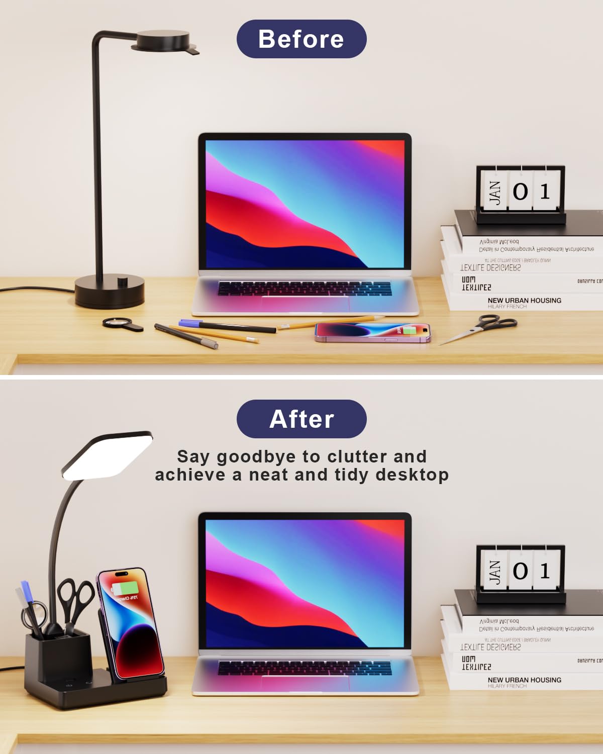 Sailstar Desk Lamp with Wireless Charger USB Charging Port, LED Desk Lamps for Home Office, 800LM 3 Lighting Modes Dimmable Pen Holder 360°Gooseneck, Eye-Caring Desk Light for College Dorm Room, Black