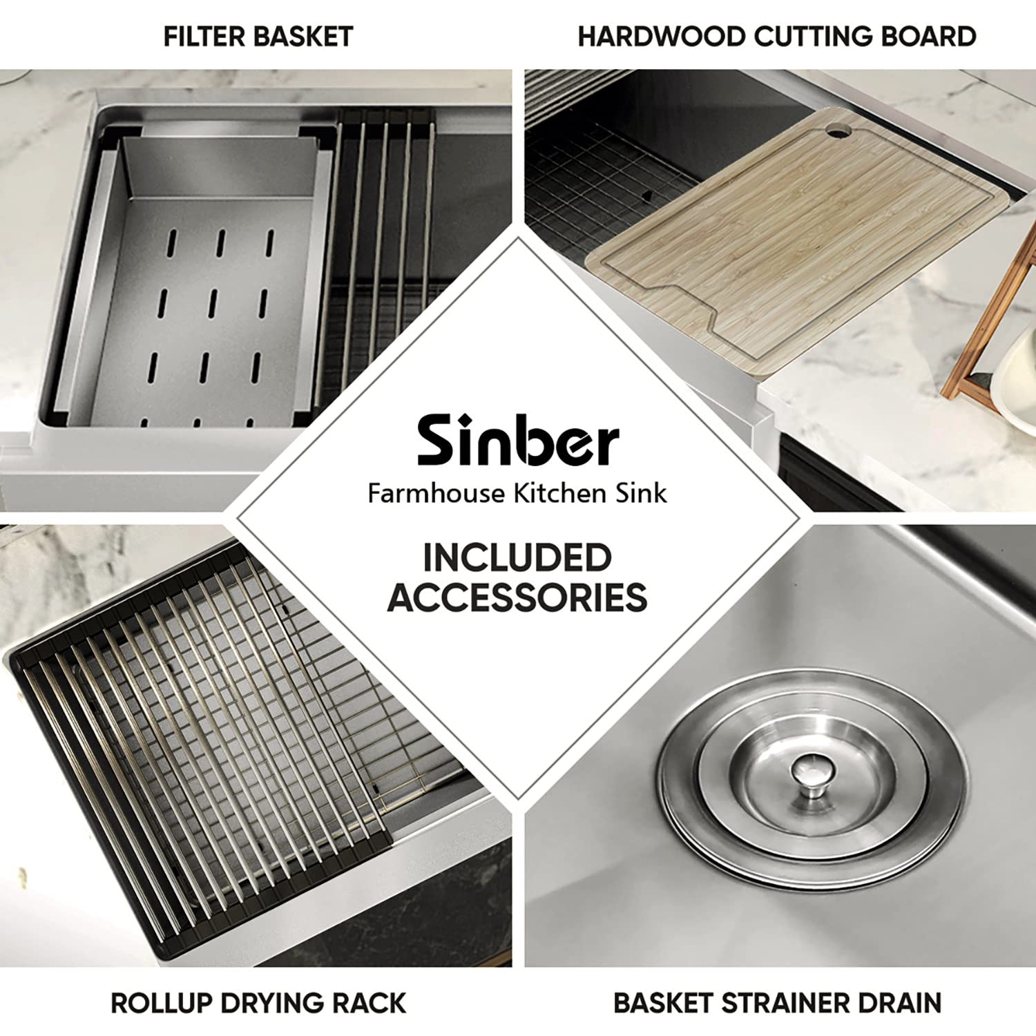 Sinber 33" x 21" x 10" Farmhouse Apron Single Bowl Workstation Kitchen Sink with 16 Gauge 304 Stainless Steel Satin Finish 6 Accessories KSS0004S-OK