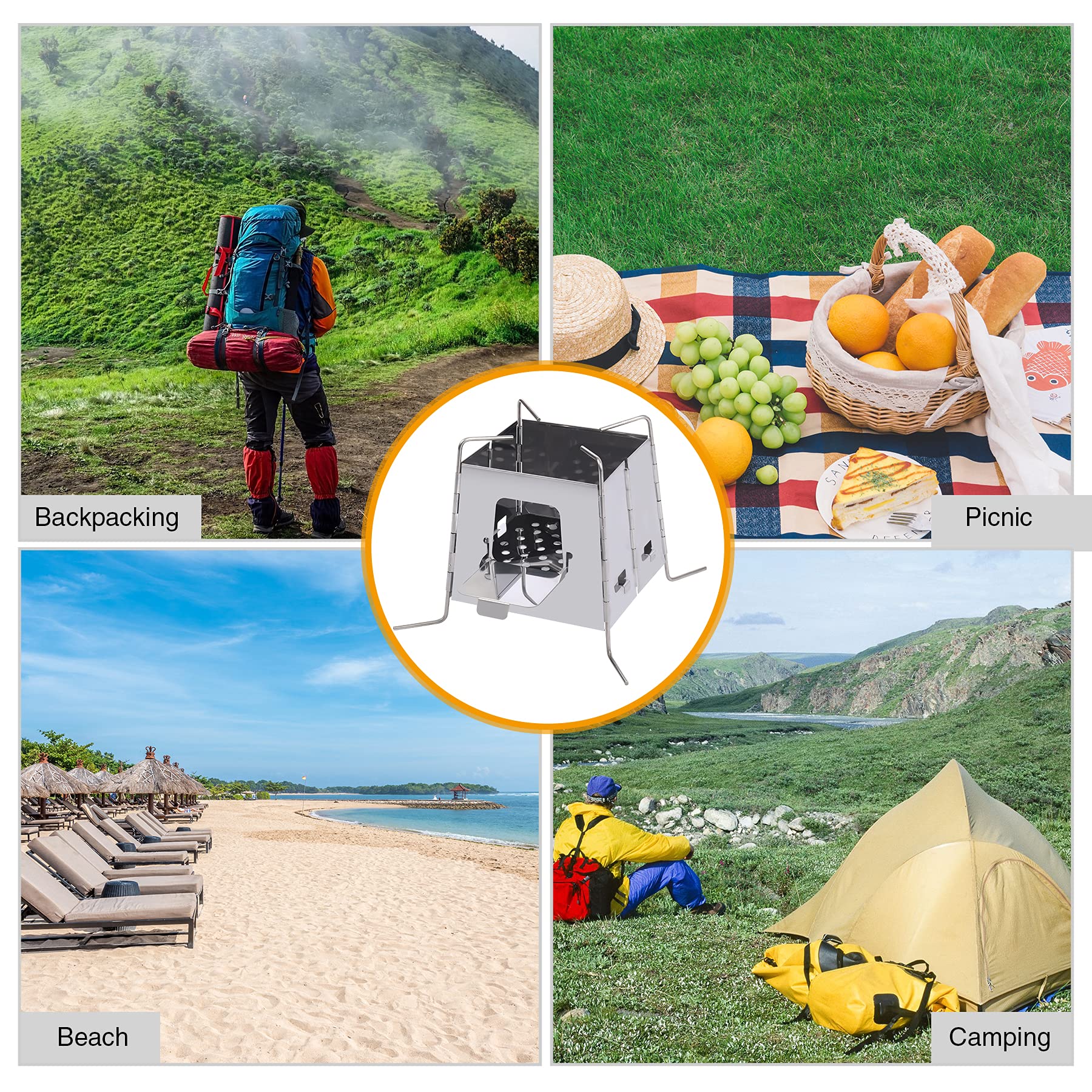 REDCAMP Wood Burning Camp Stove Portable, Folding Stainless Steel Backpacking Stove with Carry Bag for Camping, 9.2x8.7x7.7 Inch