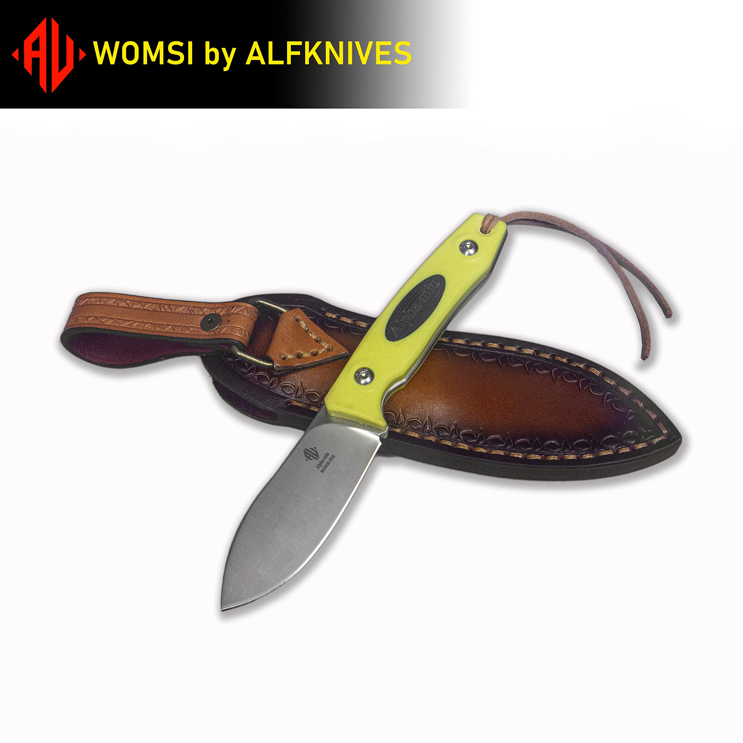 WOMSI Hunting Knife,Full Tang 6.57",DPS15-S Power Steel Blade,Sonorous&durable G10 Handle with Leather Sheath(Yellow)