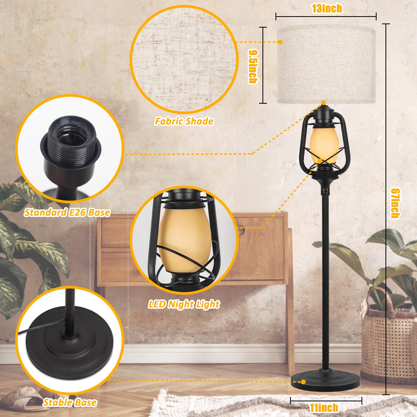 Rustic Farmhouse Floor Lamp with LED Night Light, 2-Light Tall Standing Lamp, Vintage Pole Light with Beige Linen Drum Shade,Industrial Black Stand Up Lamp for Bedroom, Living Room, Reading, Office