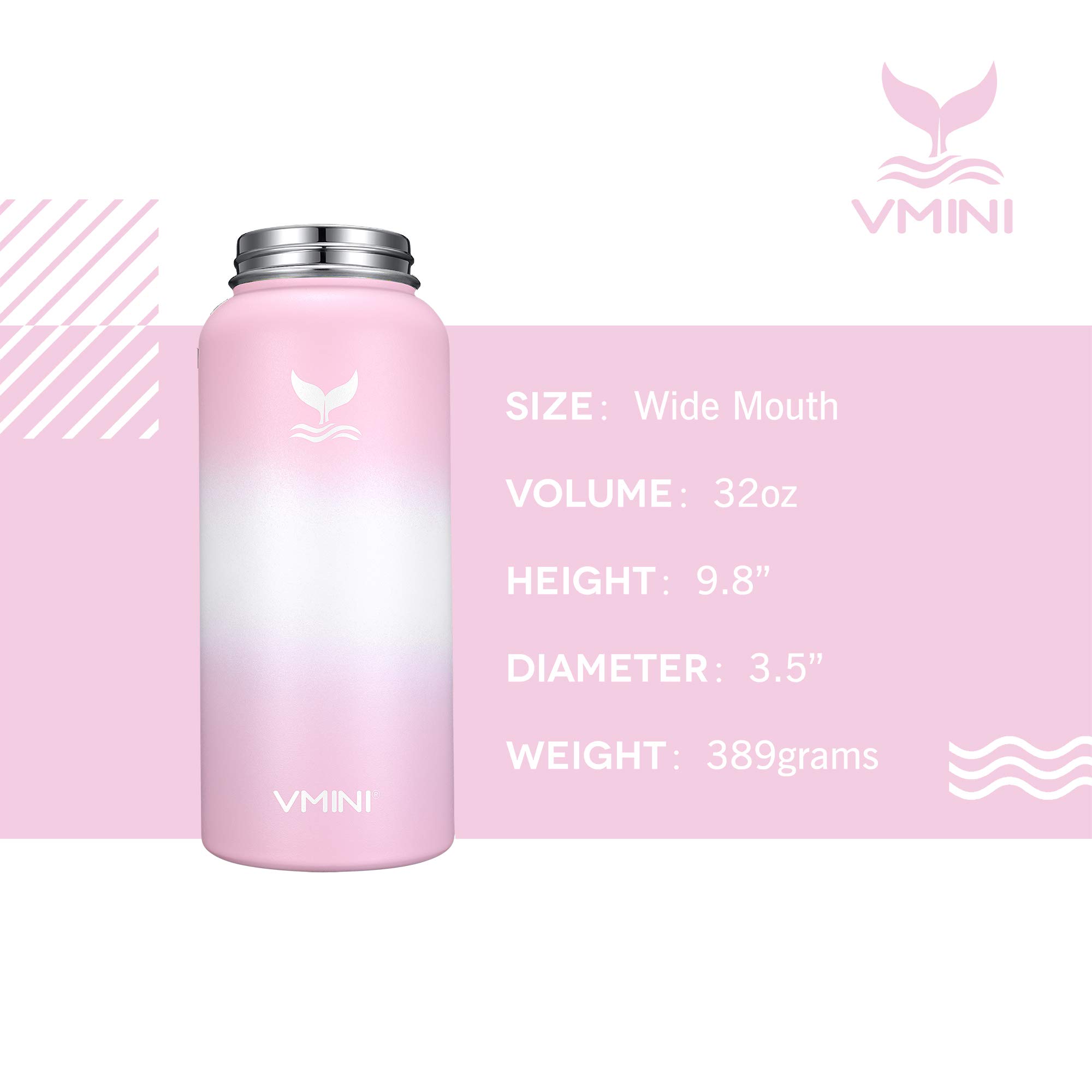 Vmini Water Bottle with New Wide Handle Straw Lid, Wide Mouth Vacuum Insulated 18/8 Stainless Steel, 4 Straws and 2 Brushes, 32 oz, Gradient Pink + White + Pink