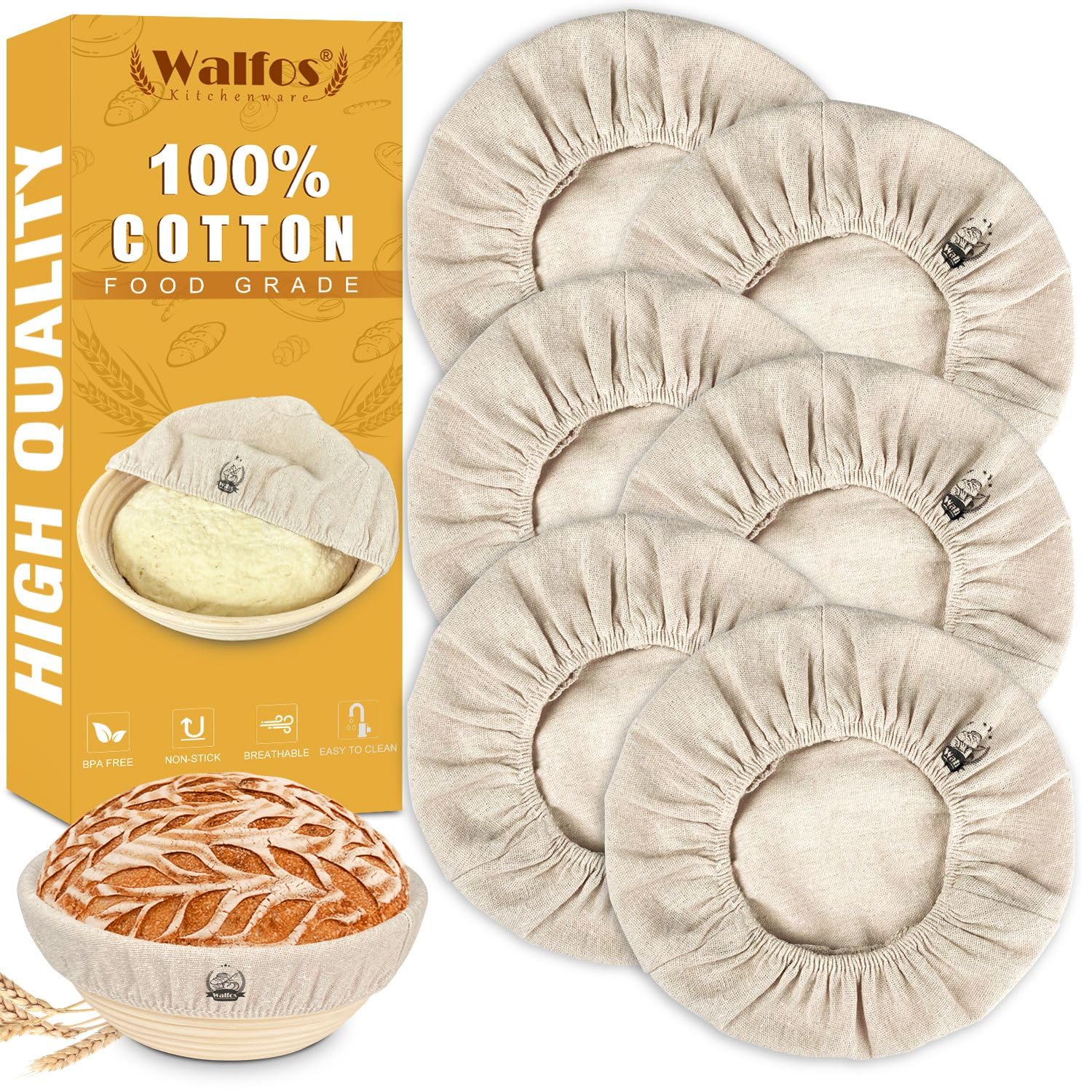 WALFOS 6 Packs Bread Basket Liner Cloth, 9 inch round bread proofing basket cloth liner, Baking Dough Basket Cover Natural Rattan Banneton Proofing Cloth