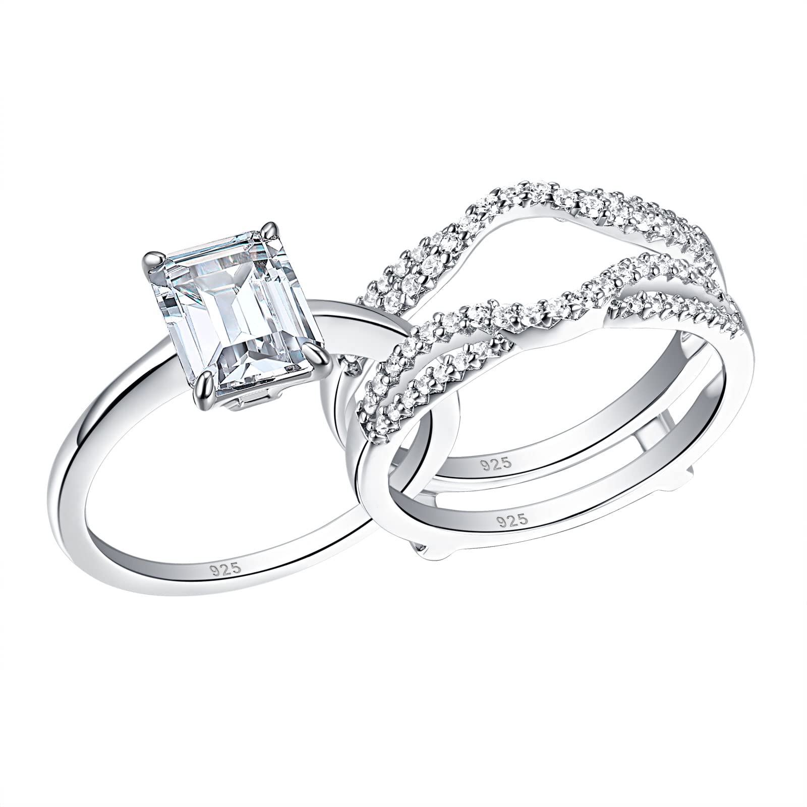 Wuziwen Bridal Ring Enhancer for Emerald Cut Engagement Rings For Women CZ Sterling Silver Size 7