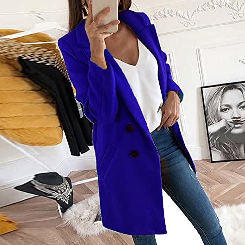SZITOP Women's Wool Blend Coat Solid Casual Elegant Plus Size Lapel Long Sleeve Open Front Button Pockets Lightweight Outerwear Long Suiting Sweater Jacket Blazers Windbreaker(B-Blue,Medium)